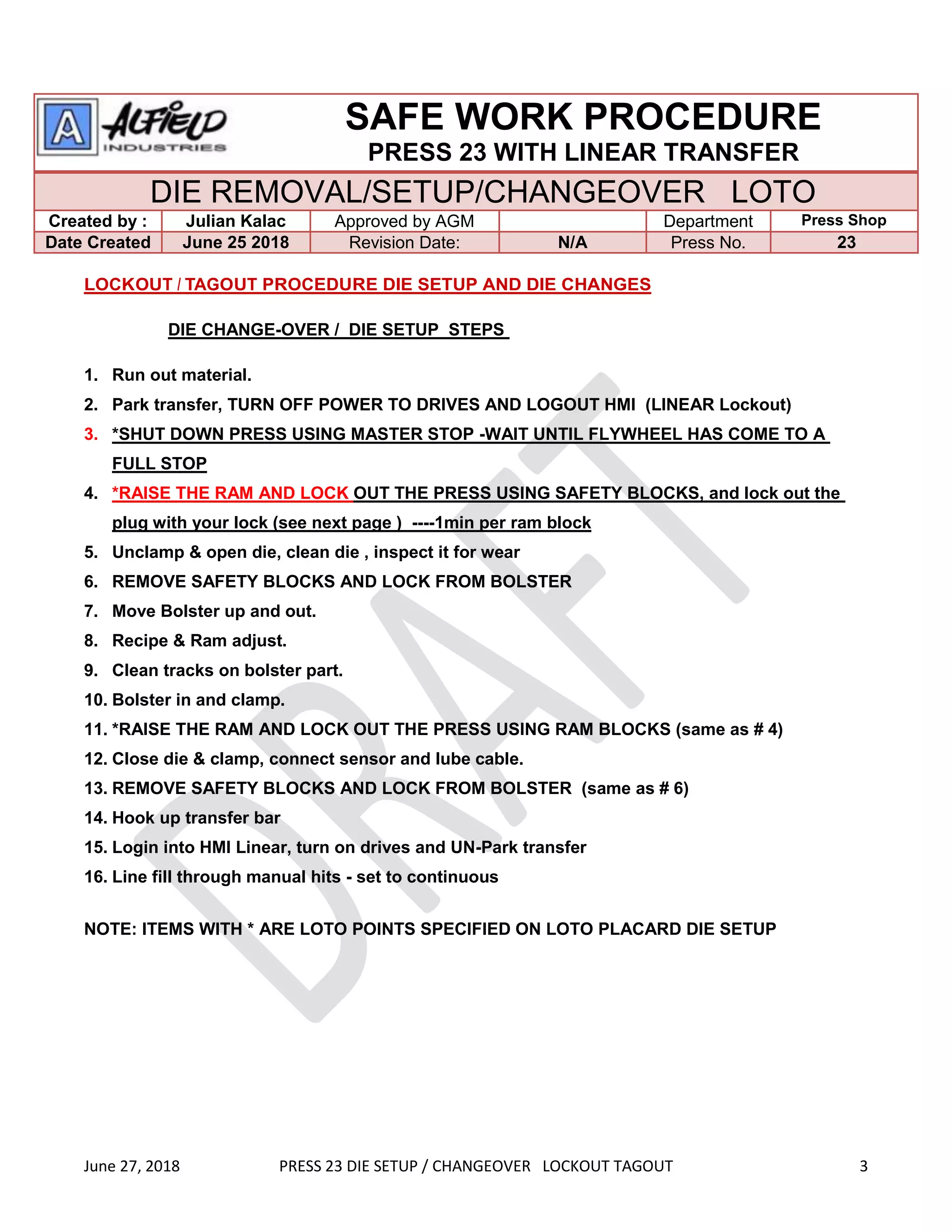1000 TON TRANSFER PRESS SAFE WORK PROCEDURE ;DIE SETUP/CHANGEOVER | PDF