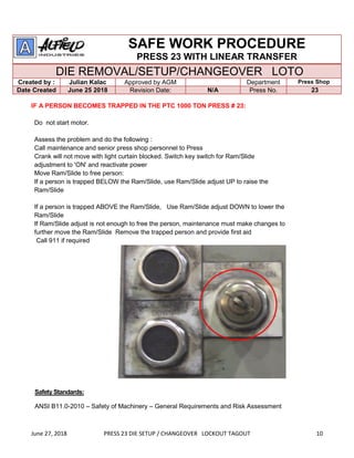 1000 TON TRANSFER PRESS SAFE WORK PROCEDURE ;DIE SETUP/CHANGEOVER | PDF