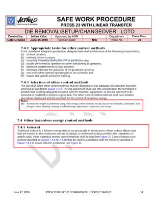 1000 TON TRANSFER PRESS SAFE WORK PROCEDURE ;DIE SETUP/CHANGEOVER | PDF