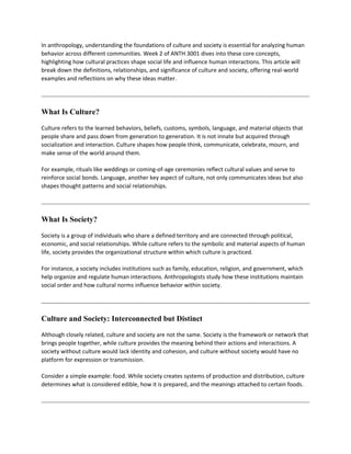 ANTH 3001 Week 2: Understanding Culture and Society | PDF