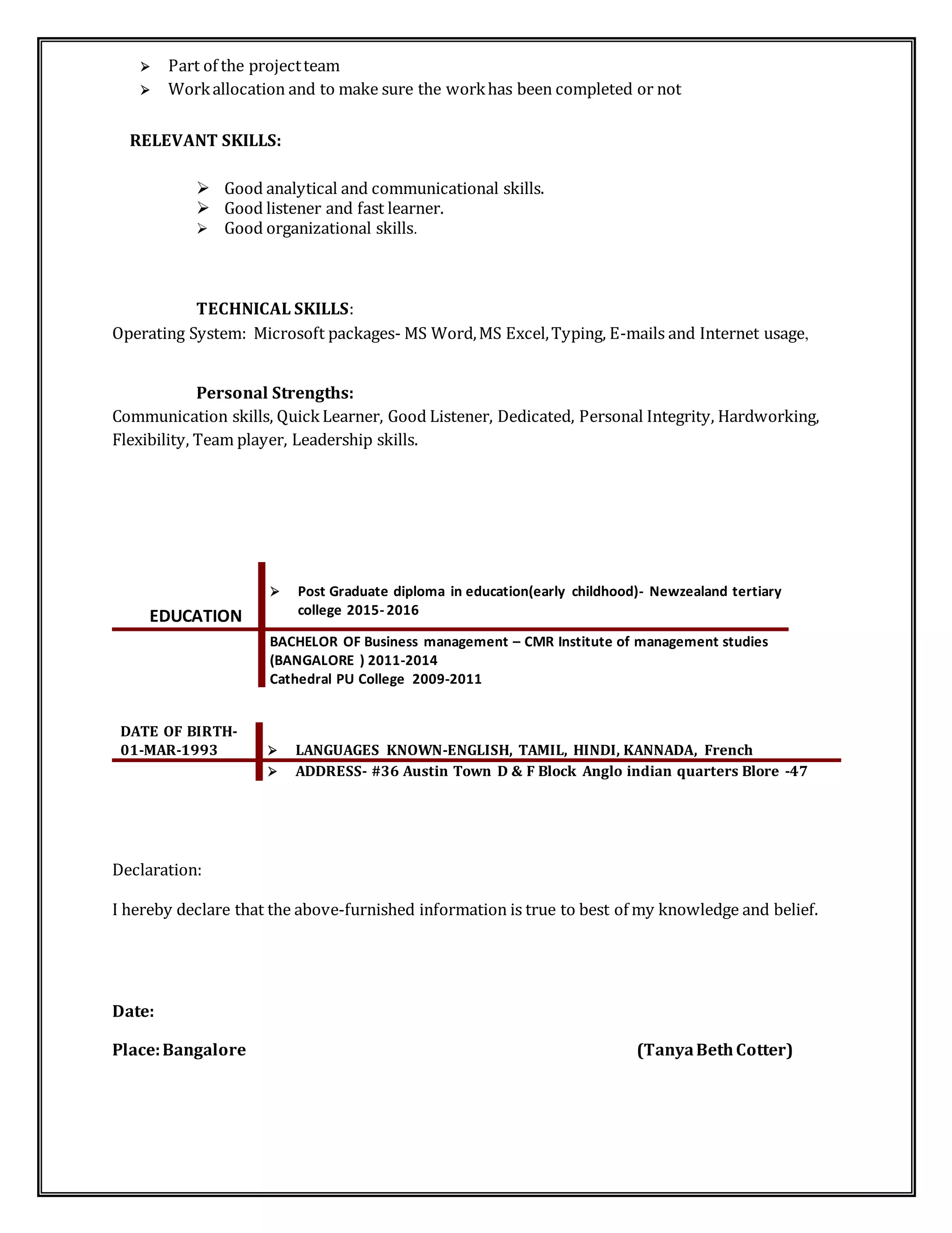 Tanya Beth cotter Latest CV 2016 | DOCX