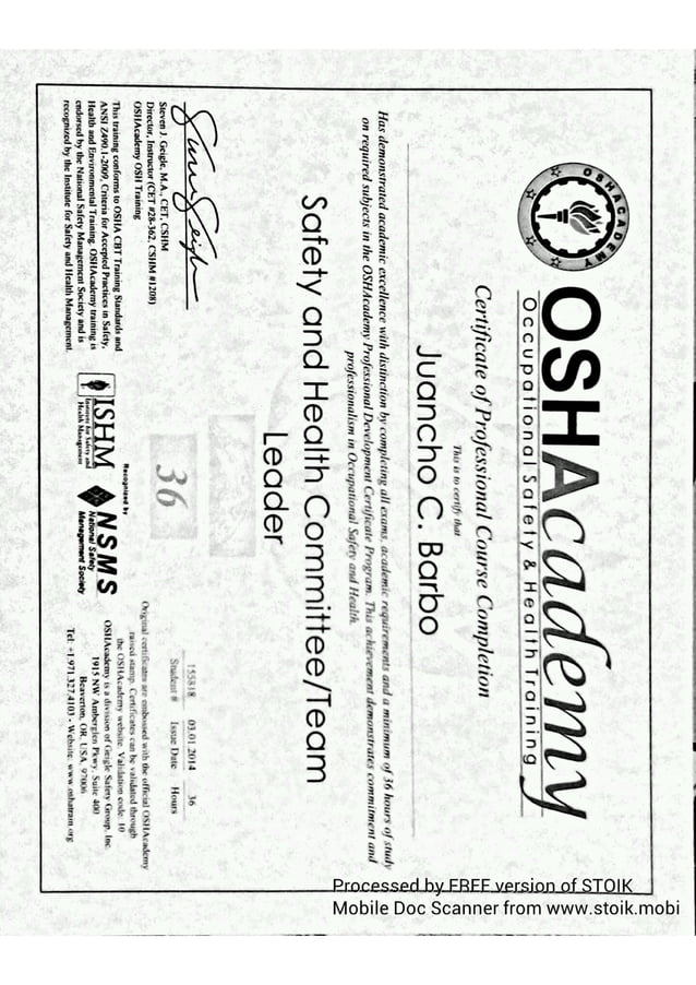 OSHA CERTIFICATE 5 | PDF