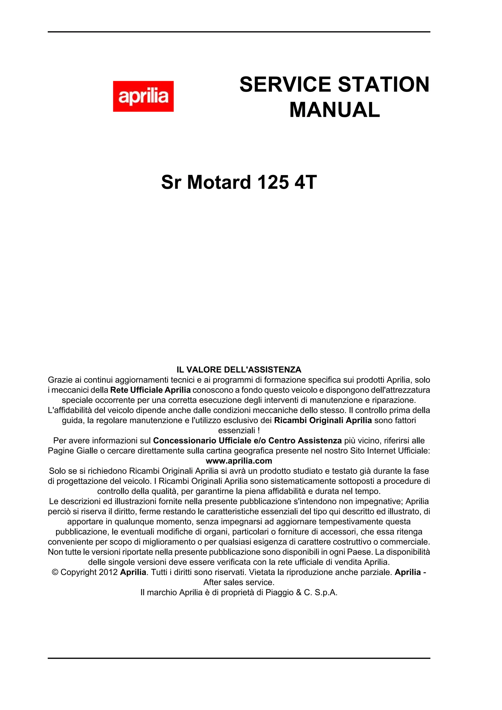 Aprilia Sr Motard 125 4t Workshop Repair Service Manual | PDF