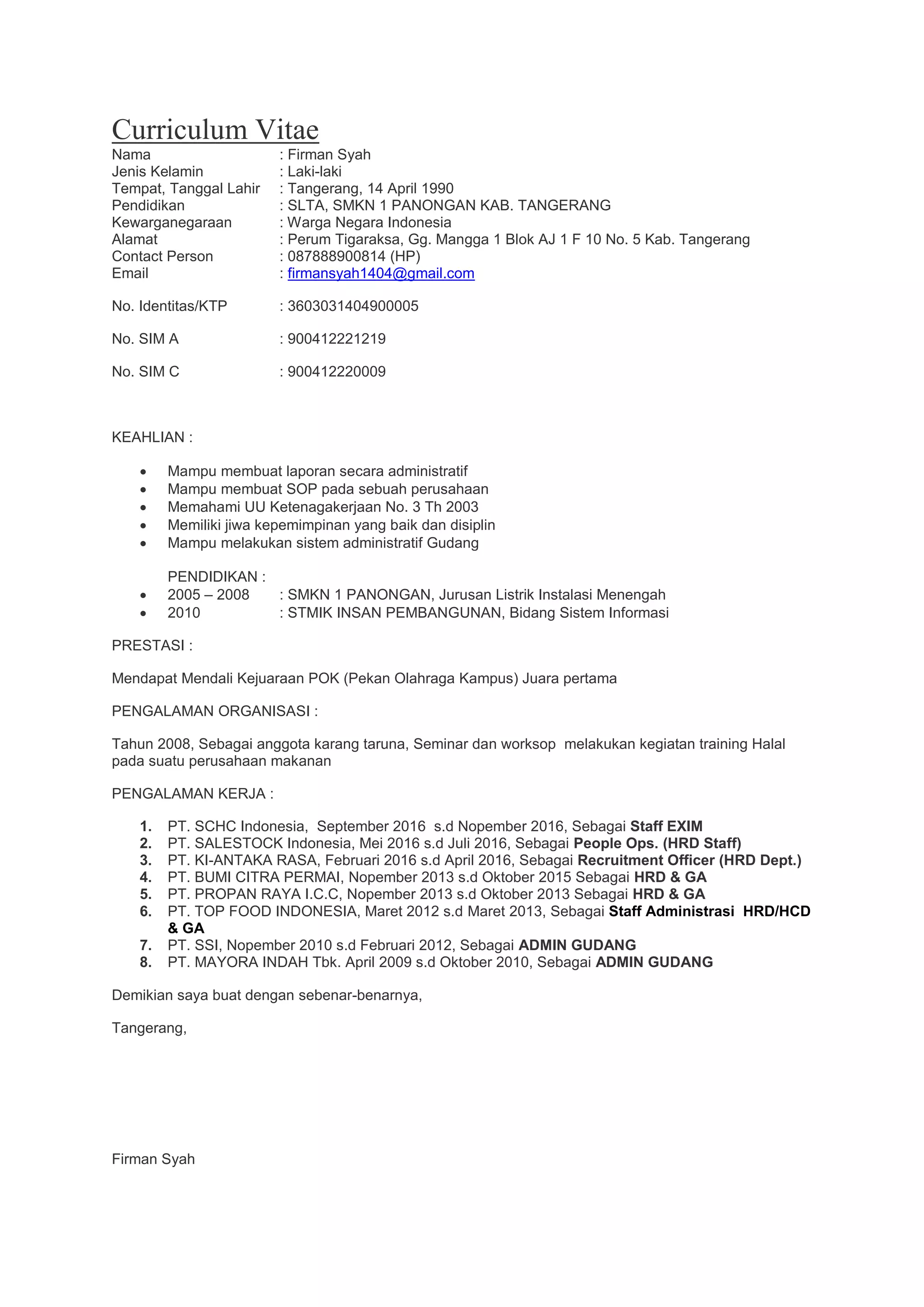 Curriculum Vitae Firman Syah | PDF