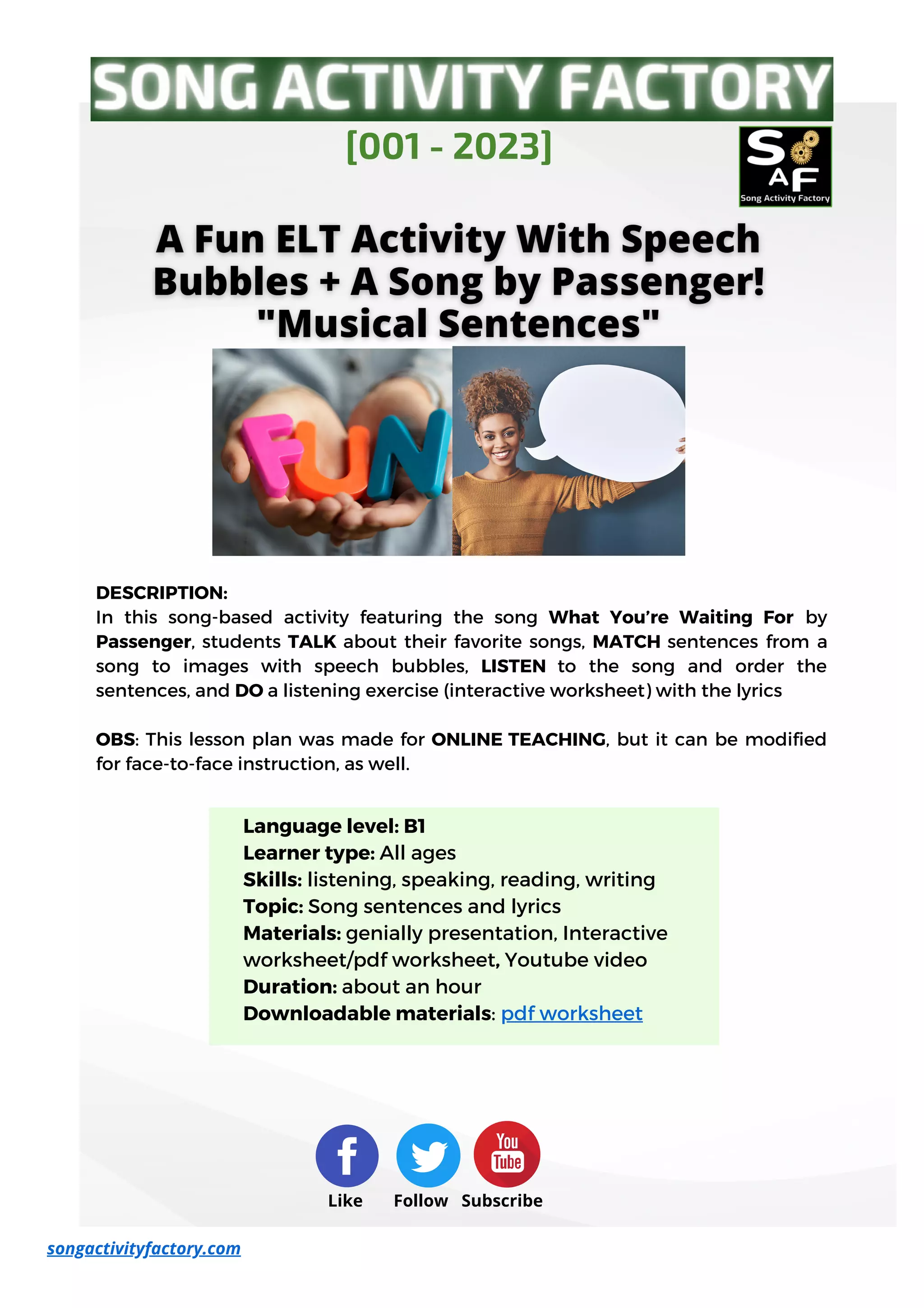A Fun ELT Activity With Speech Bubbles + A Song by Passenger! "Musical ...