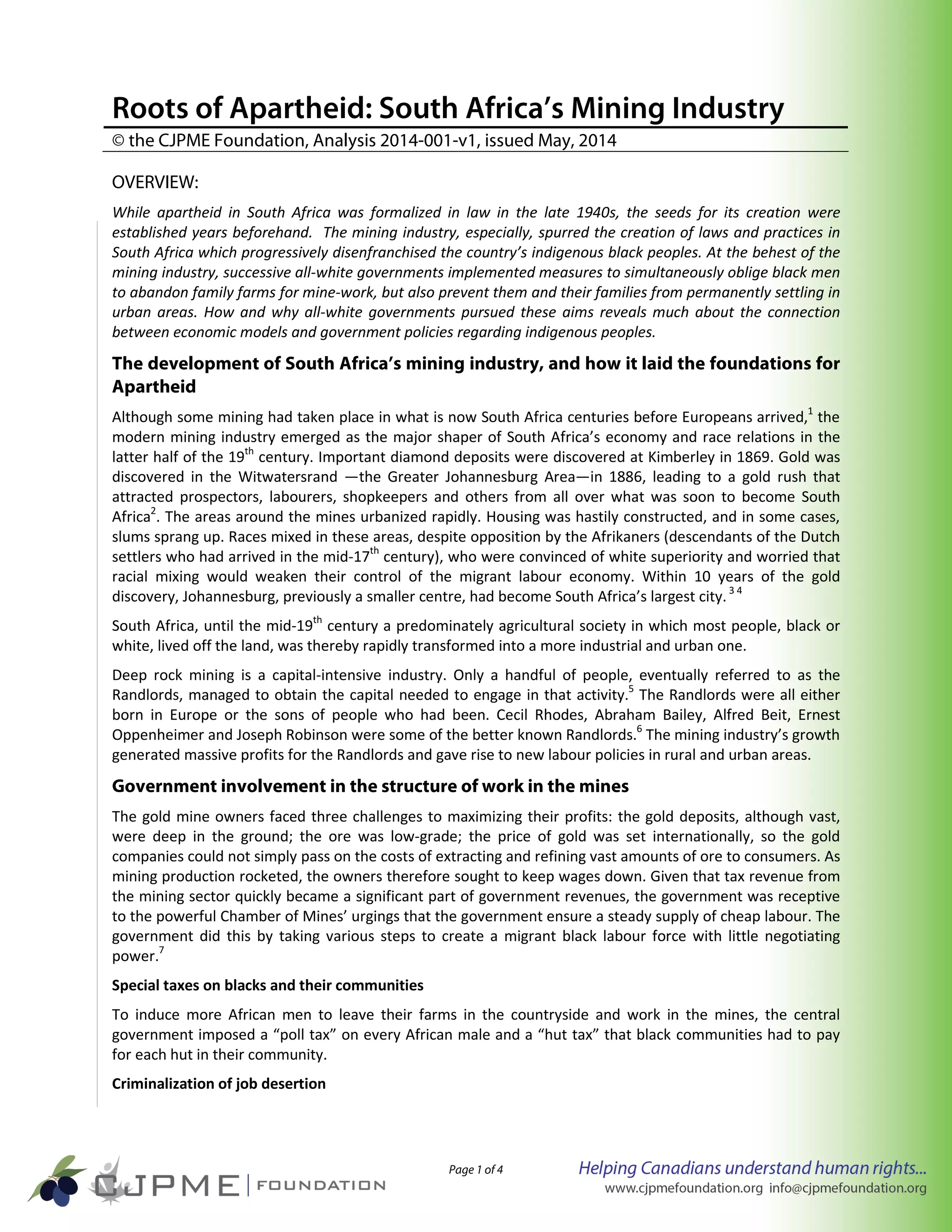 Roots of Apartheid: South Africa’s Mining Industry | PDF