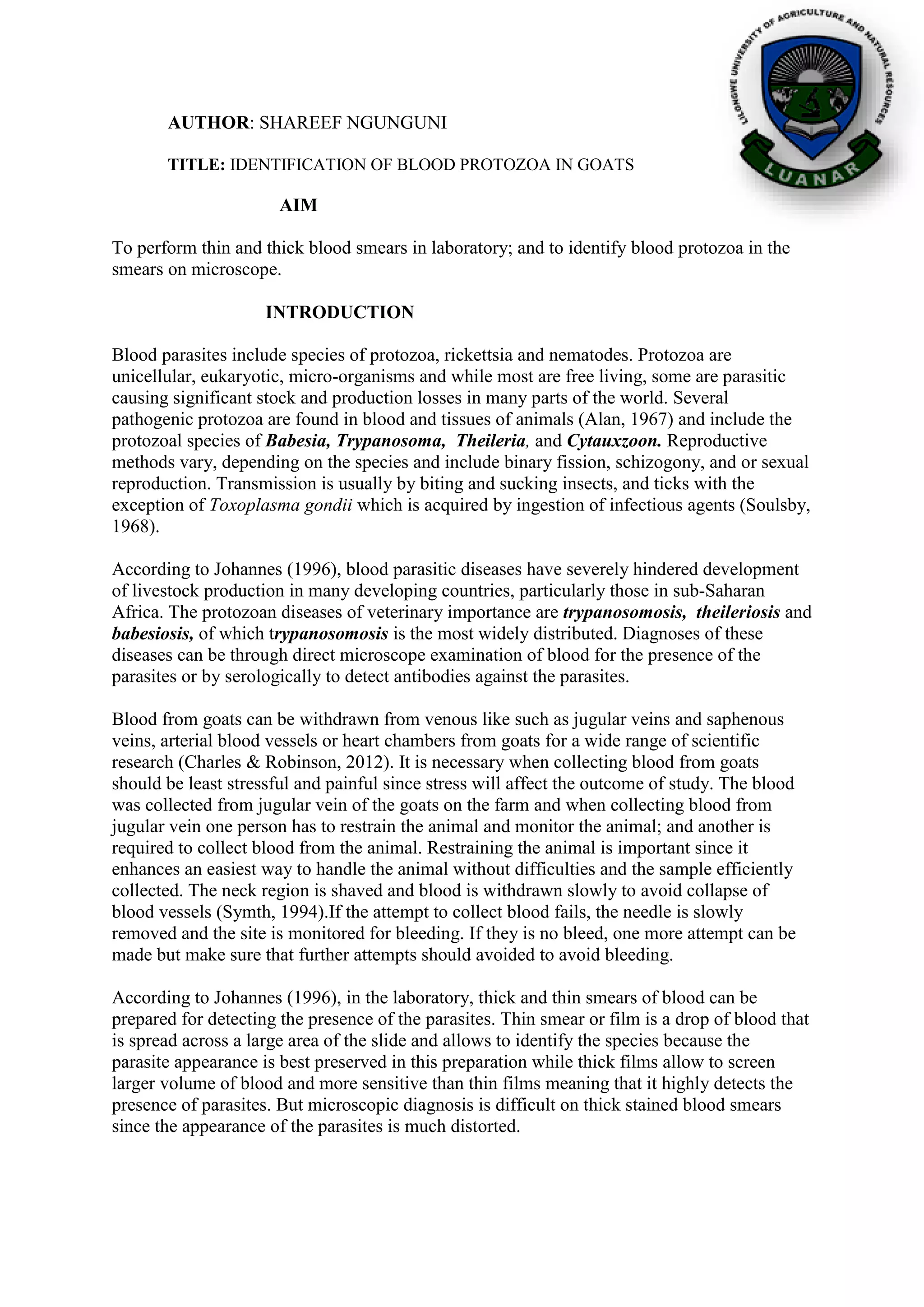 Blood collection in goats;Thick and thin smear preparation | PDF