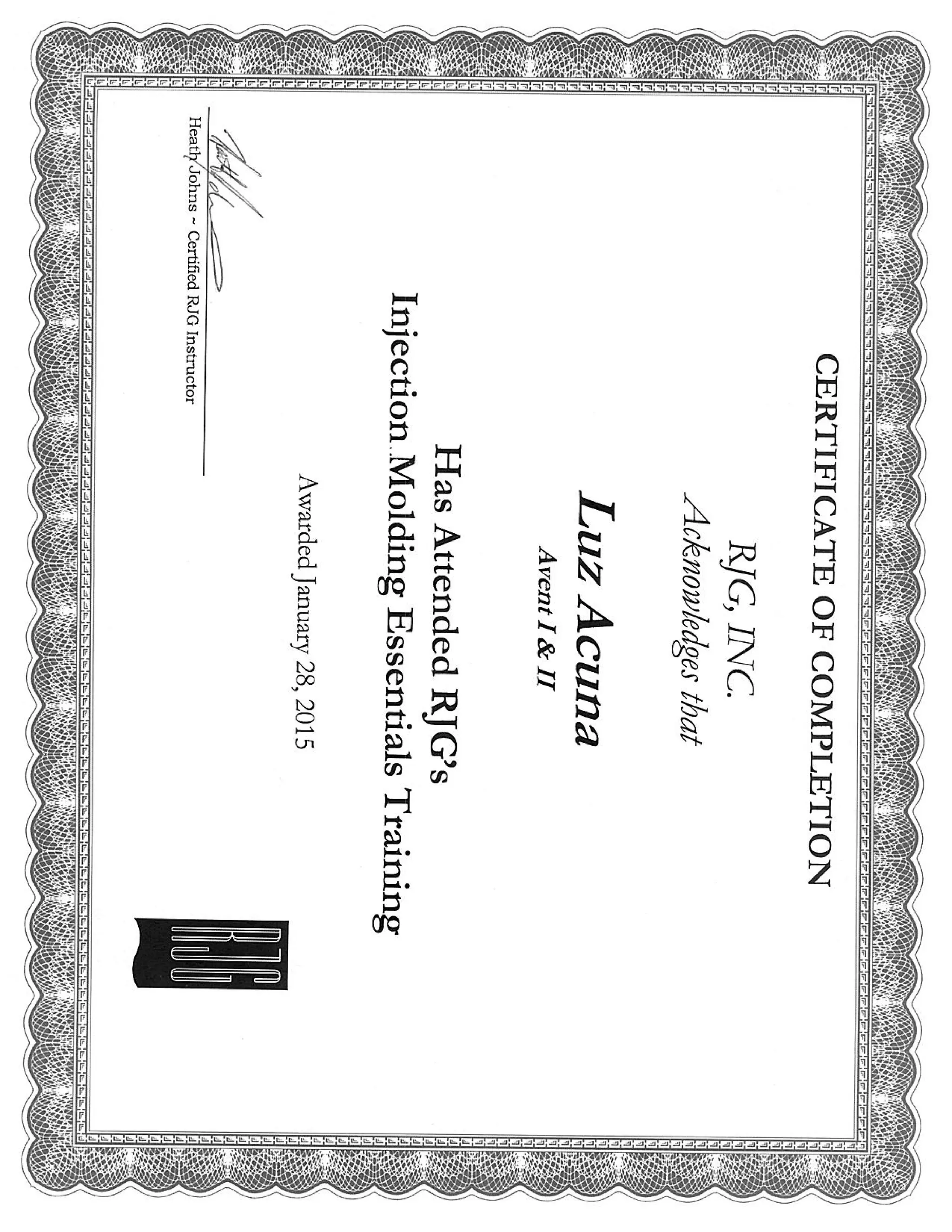 Certificate RJG Injection Molding Essentials | PDF