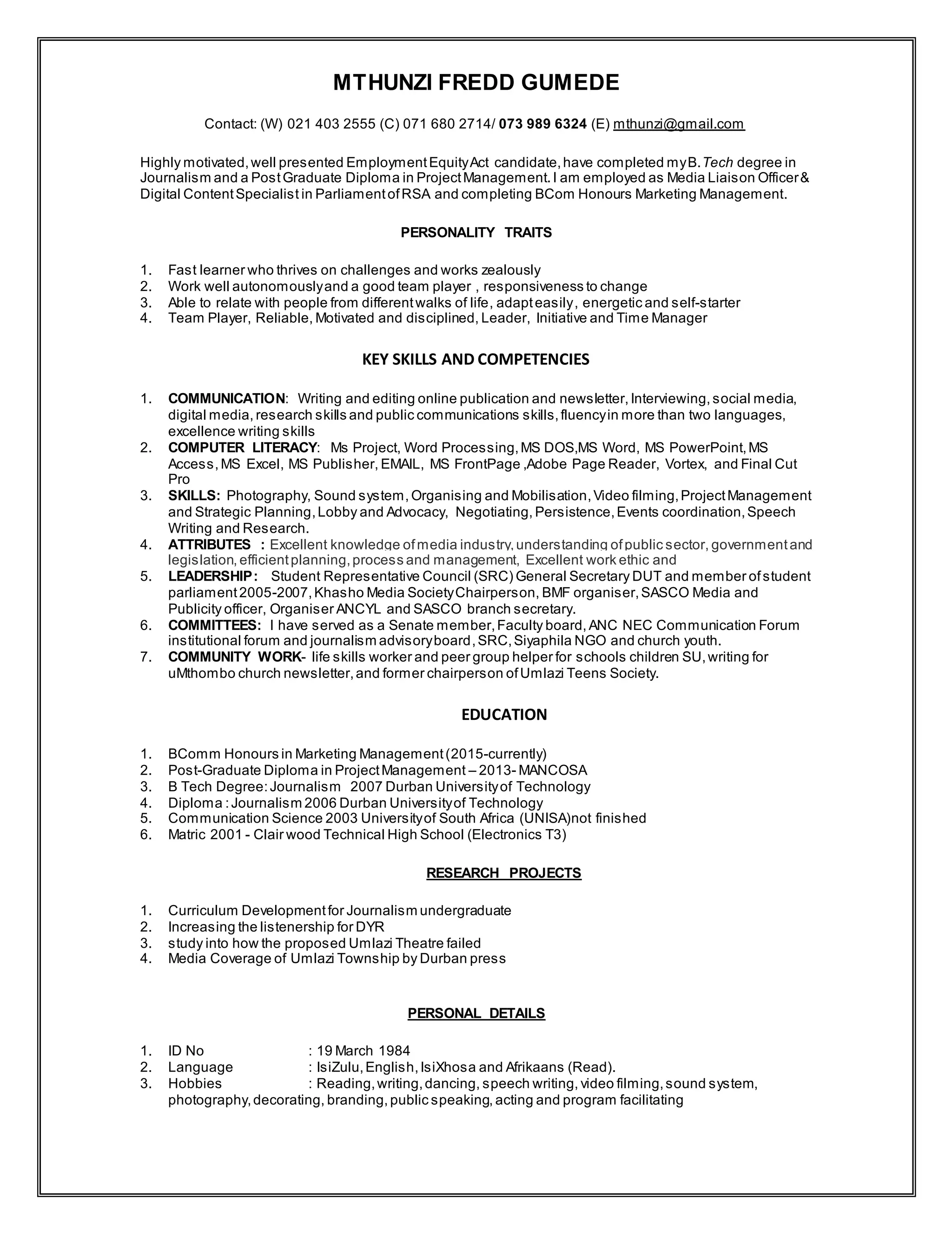 MF GUMEDE Resume | DOCX