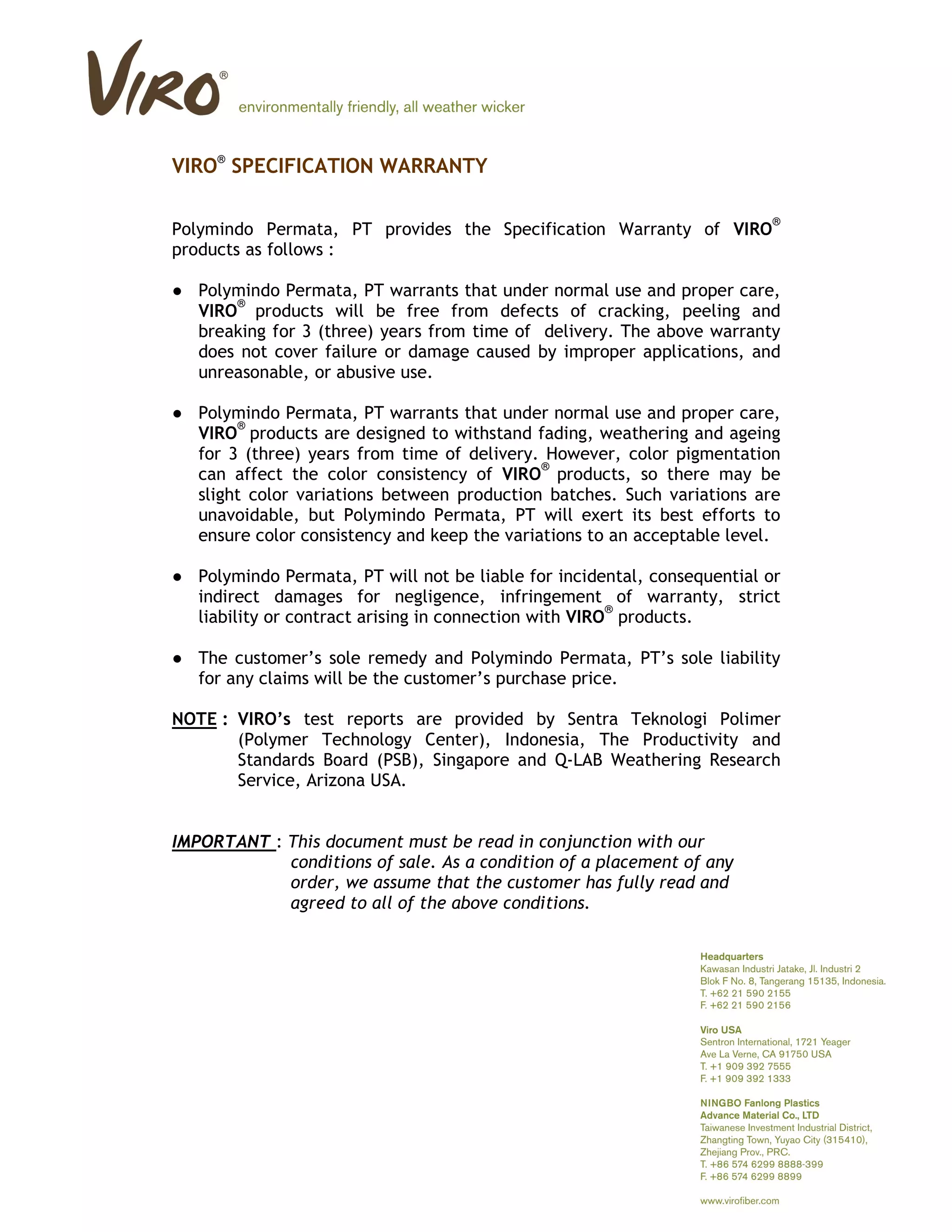 001 certificate - viro specification products | PDF