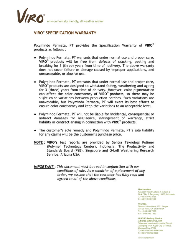 001 certificate - viro specification products | PDF