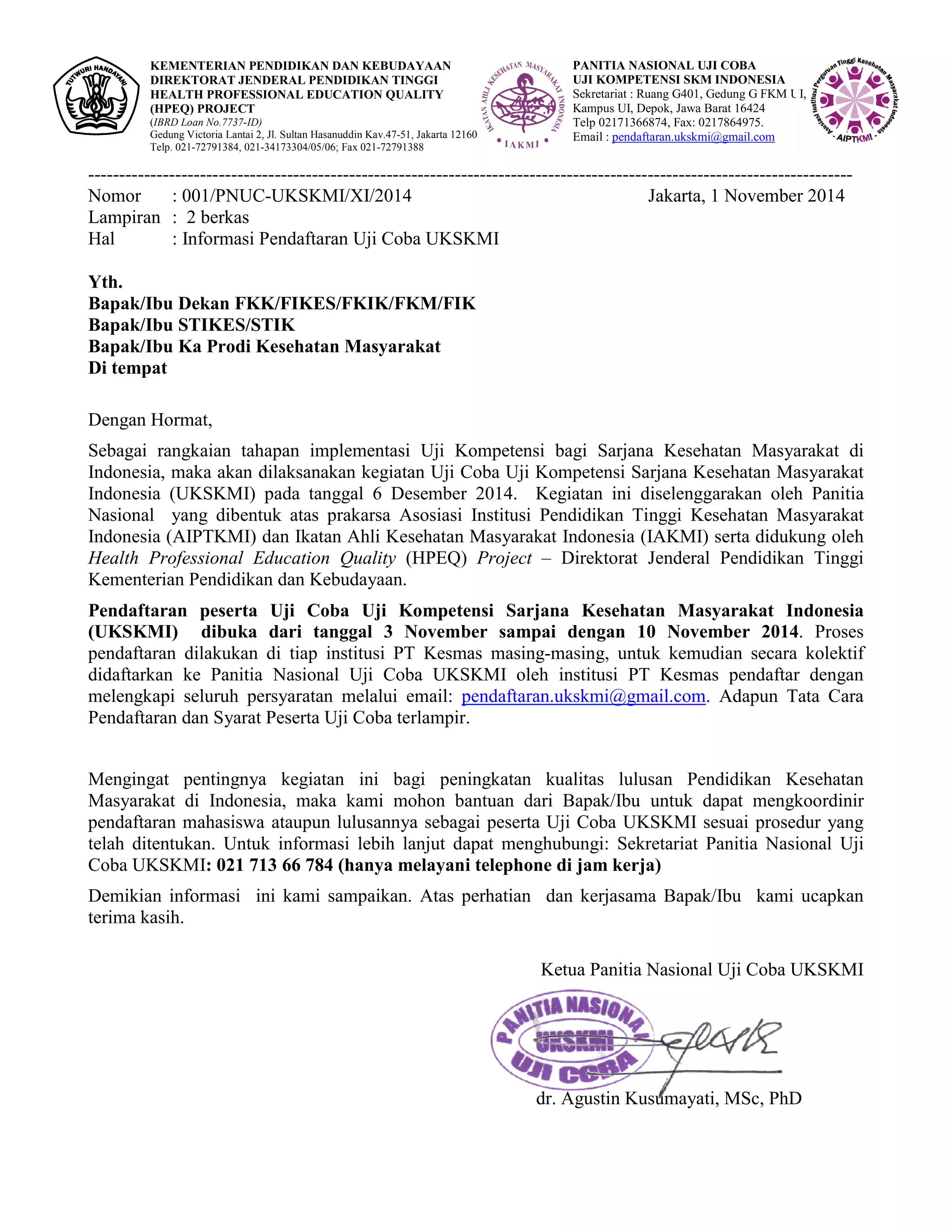 001 surat pemberitahuan-pendaftaran-uji-coba-ukskmi | PDF