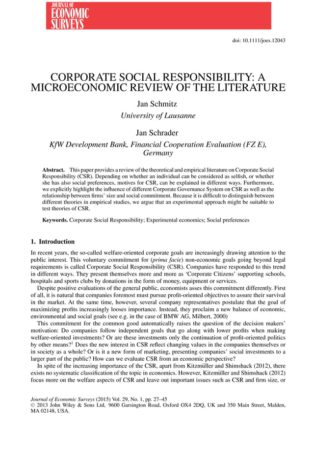 Corporate Social Responsibility: A Microeconomic Review of The Literature | PDF