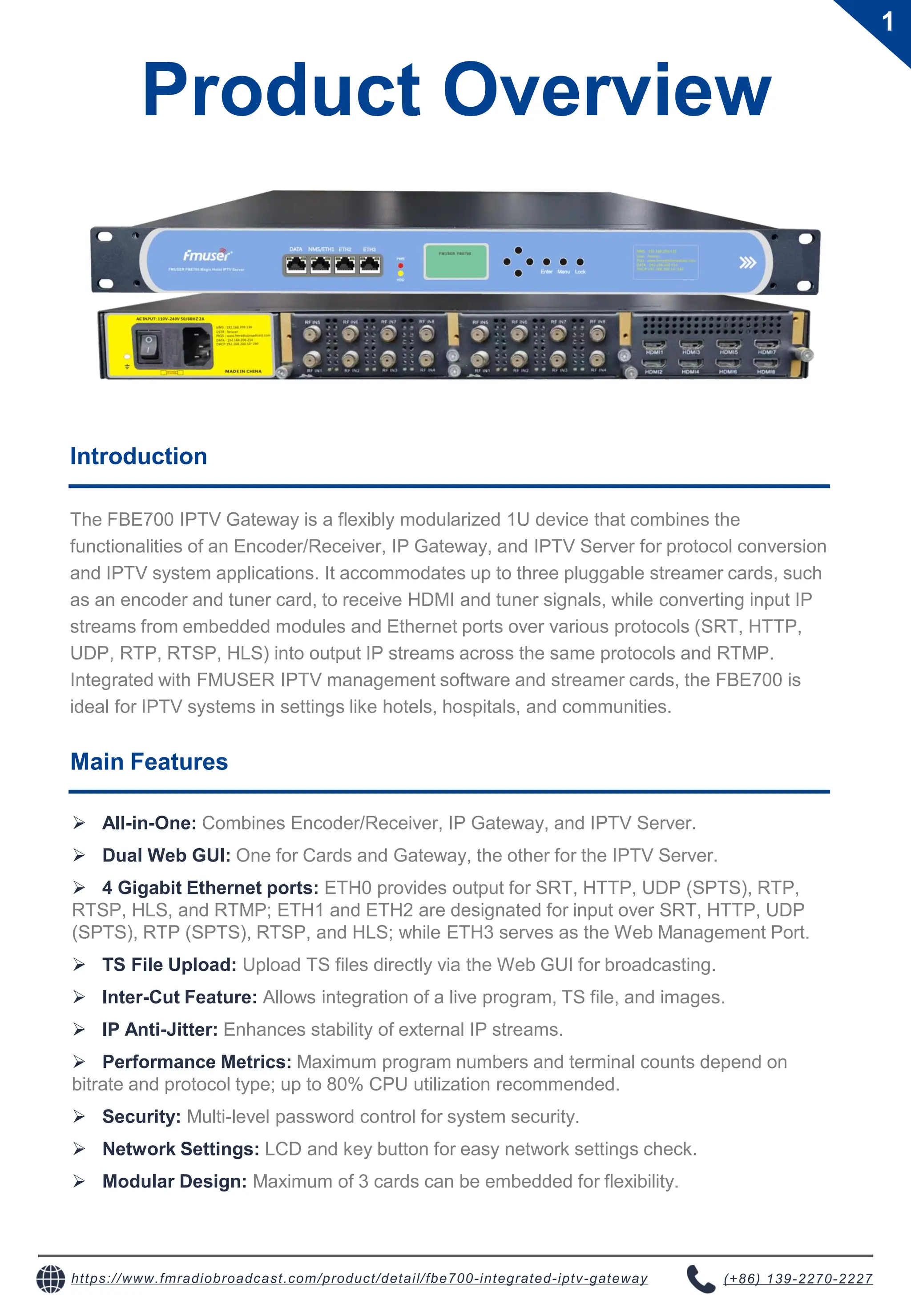 FBE700 All-in-One IPTV Gateway (Server) | FMUSER IPTV Solution | PDF