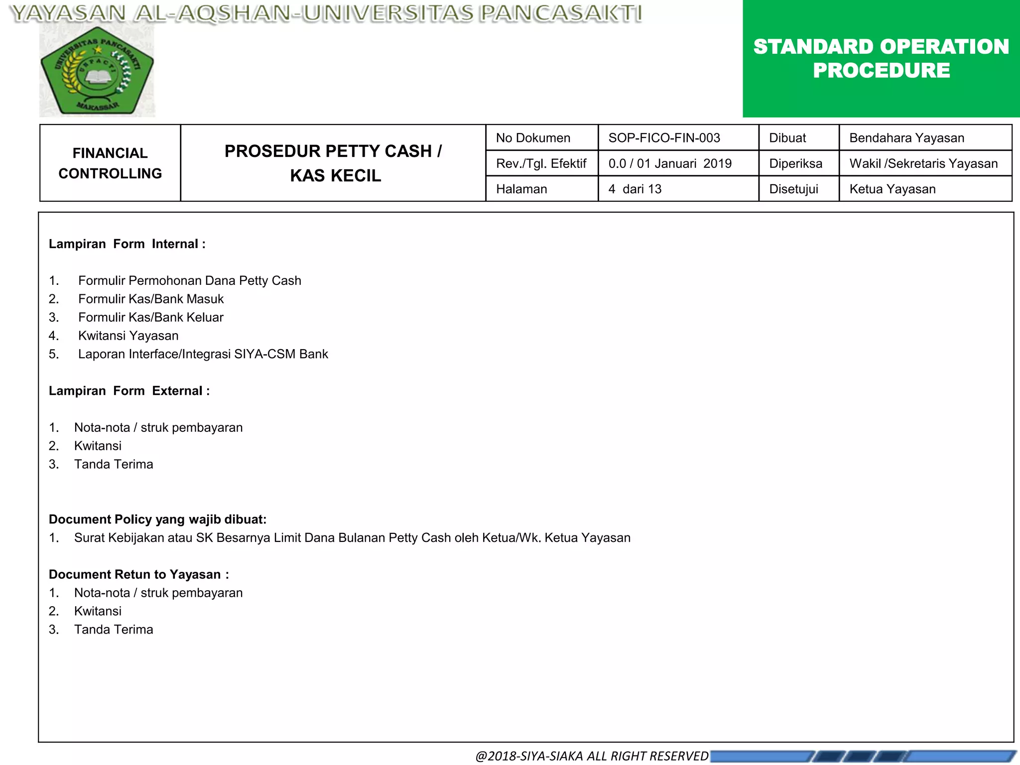 Implementasi SOP - Business Process Finance Accounting - PROSEDUR PETTY CASH/KAS KECIL - UNPACTI ...