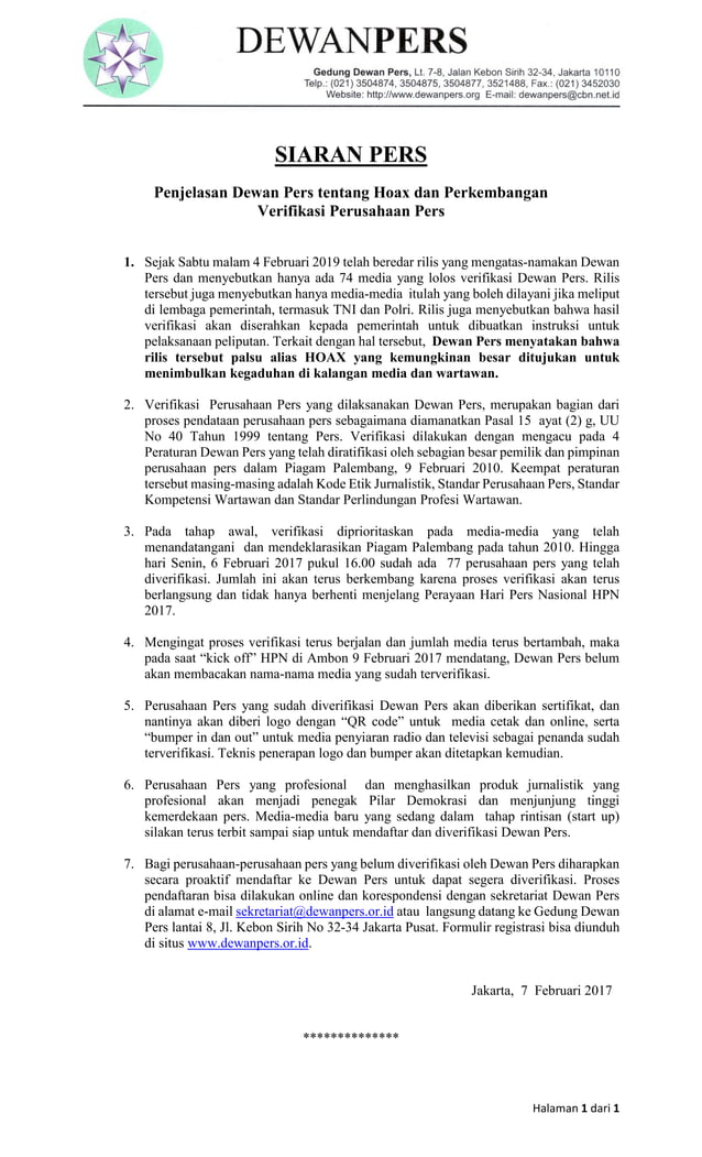 Pers Release Dewan Pers | PDF