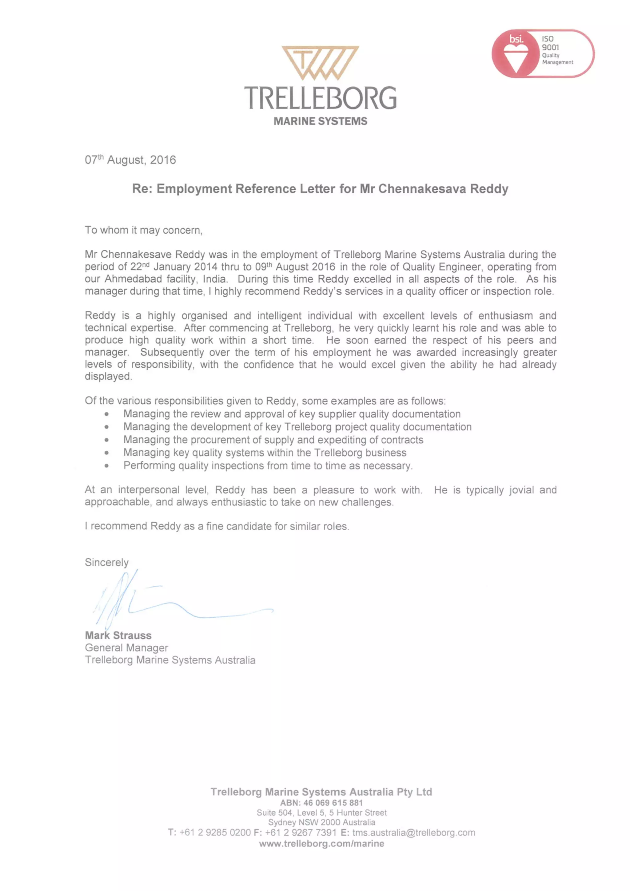 Trelleborg Marine Systems Australia - Reference Letter | PDF