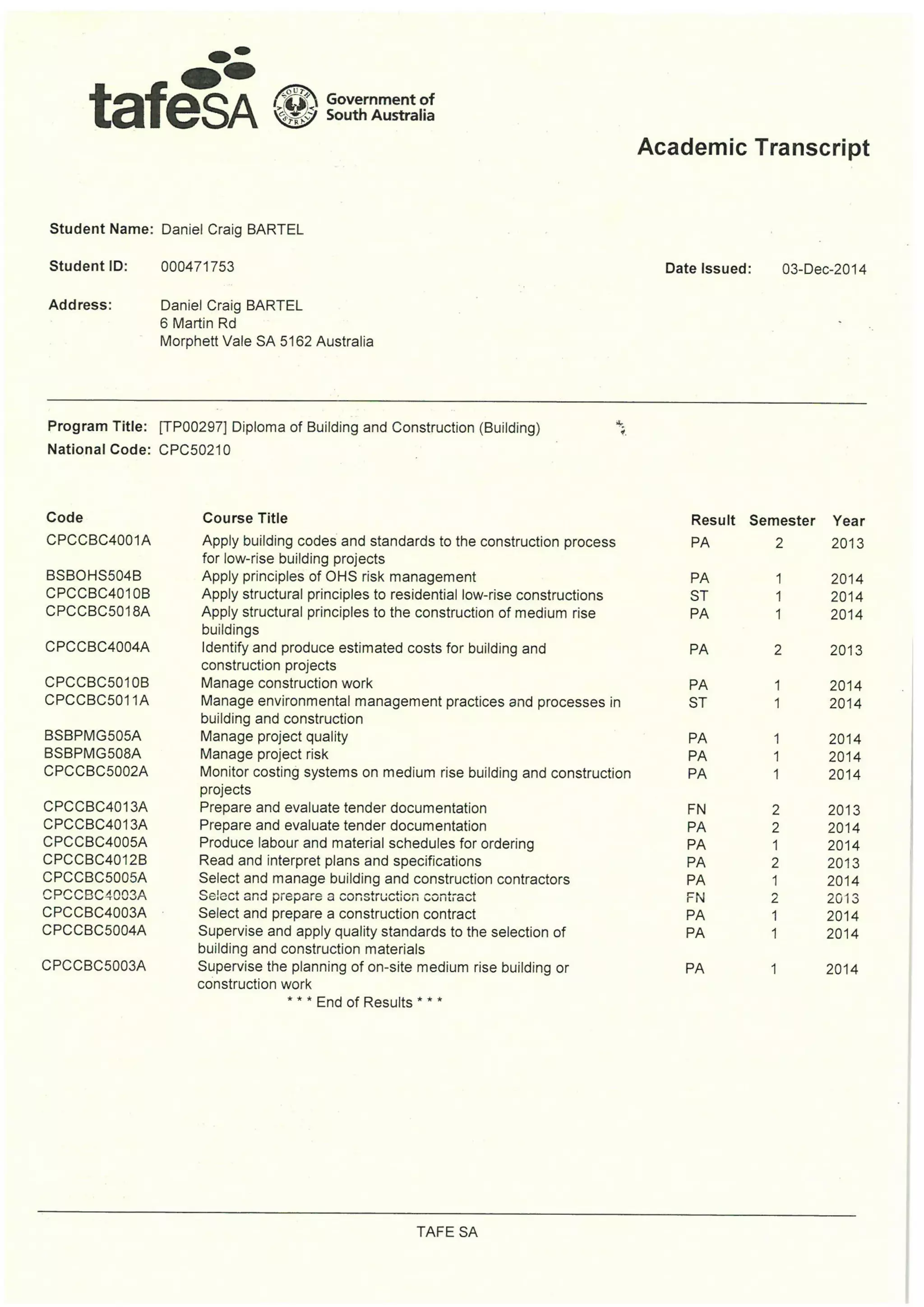 141203 - Academic transcript - Diploma of Building & Construction | PDF