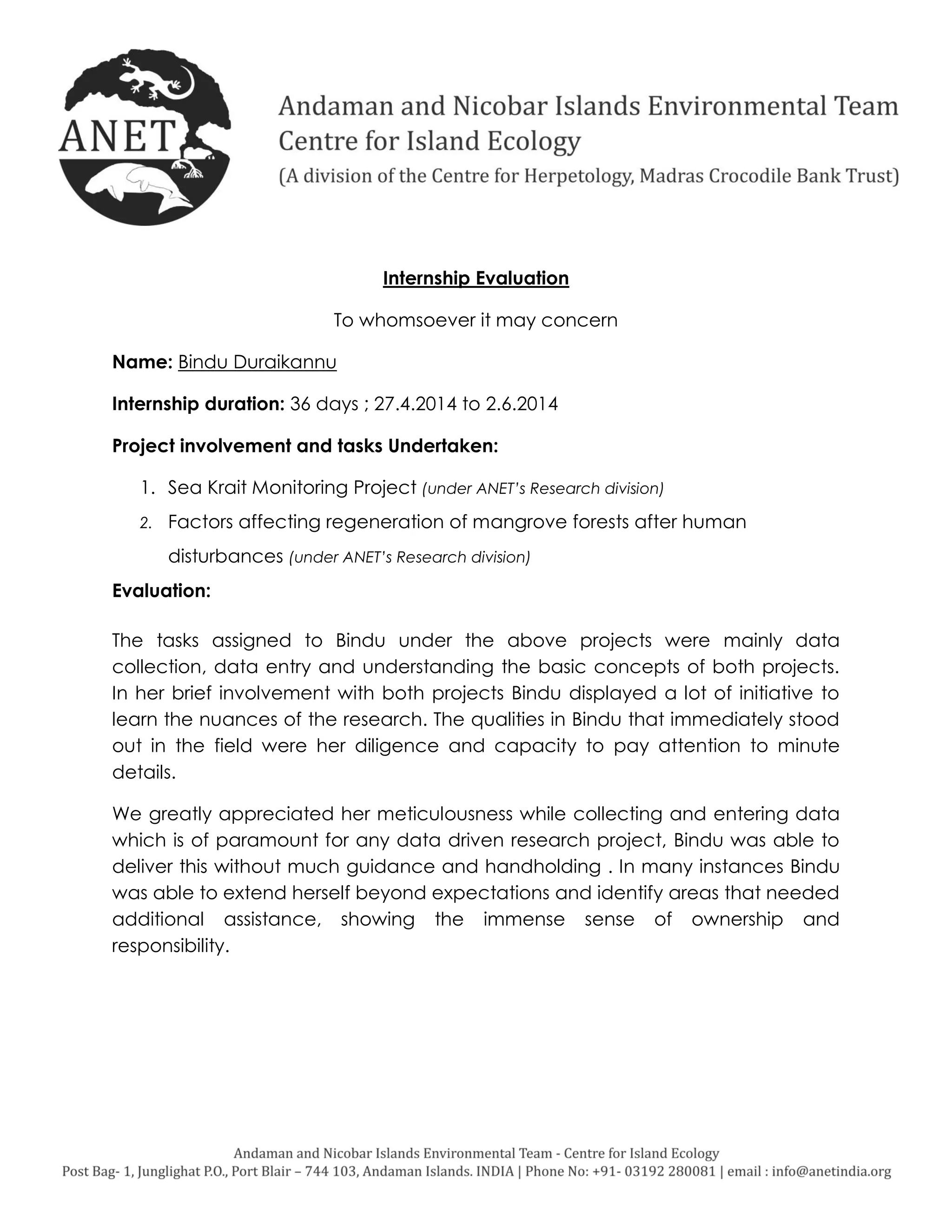 030614_ANET_Internship_Evaluation_Bindu (1) | PDF