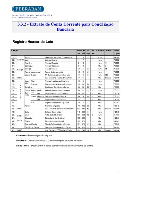 Layout Conciliação Bancária Padrão FEBRABAN