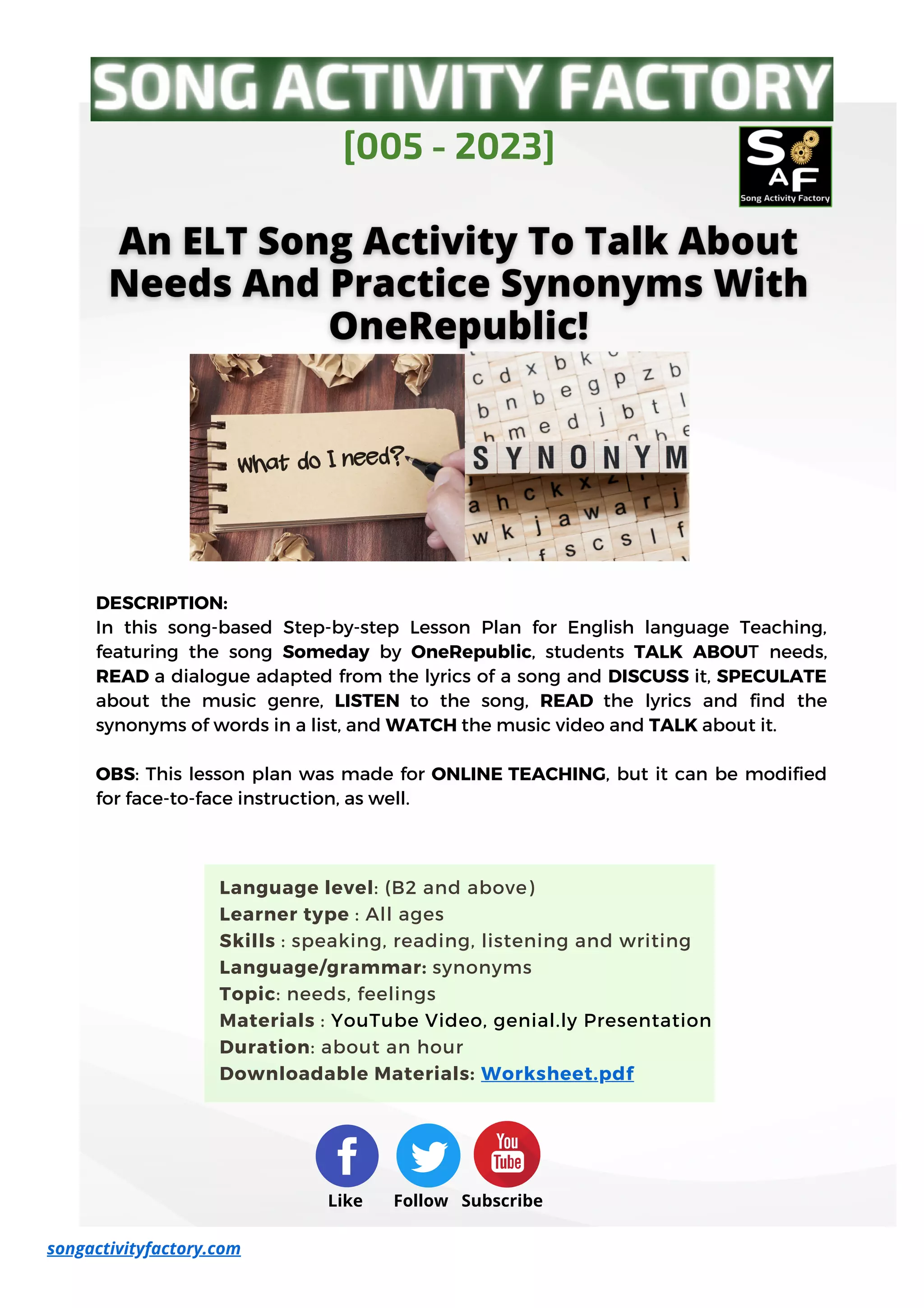 An ELT Song Activity To Talk About Needs And Practice Synonyms With ...