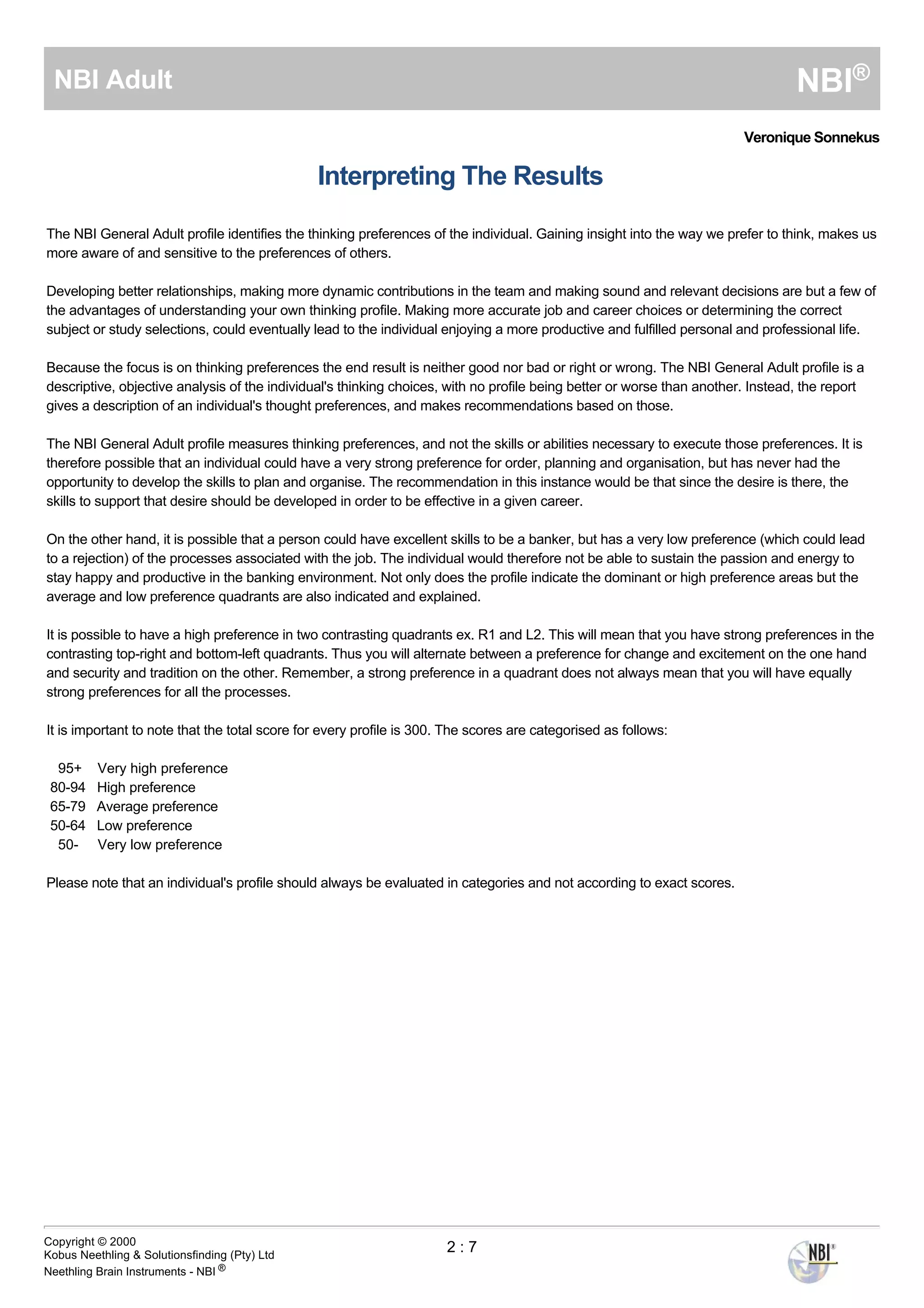 V. Sonnekus - Neethling Breinprofiel | PDF