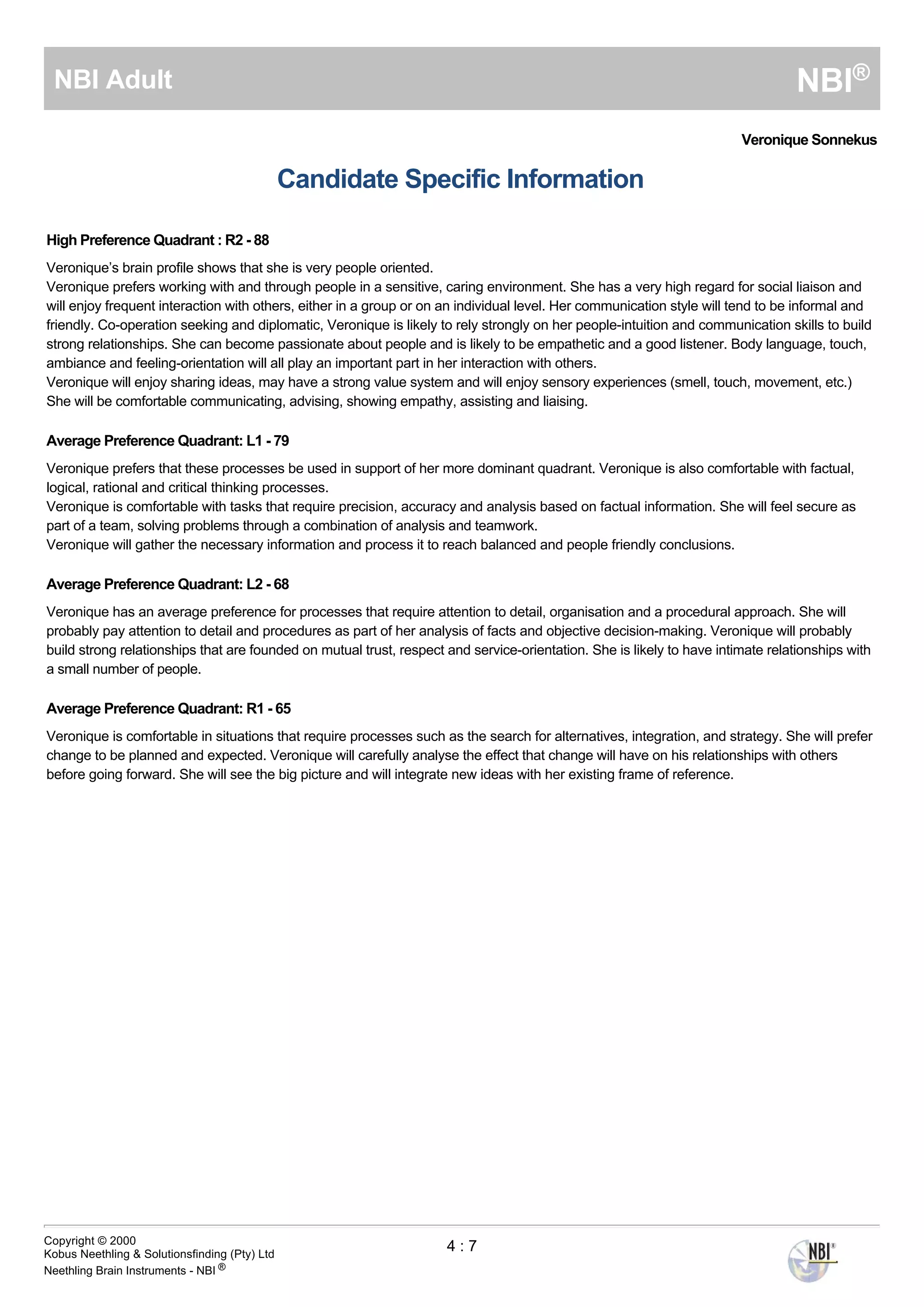 V. Sonnekus - Neethling Breinprofiel | PDF