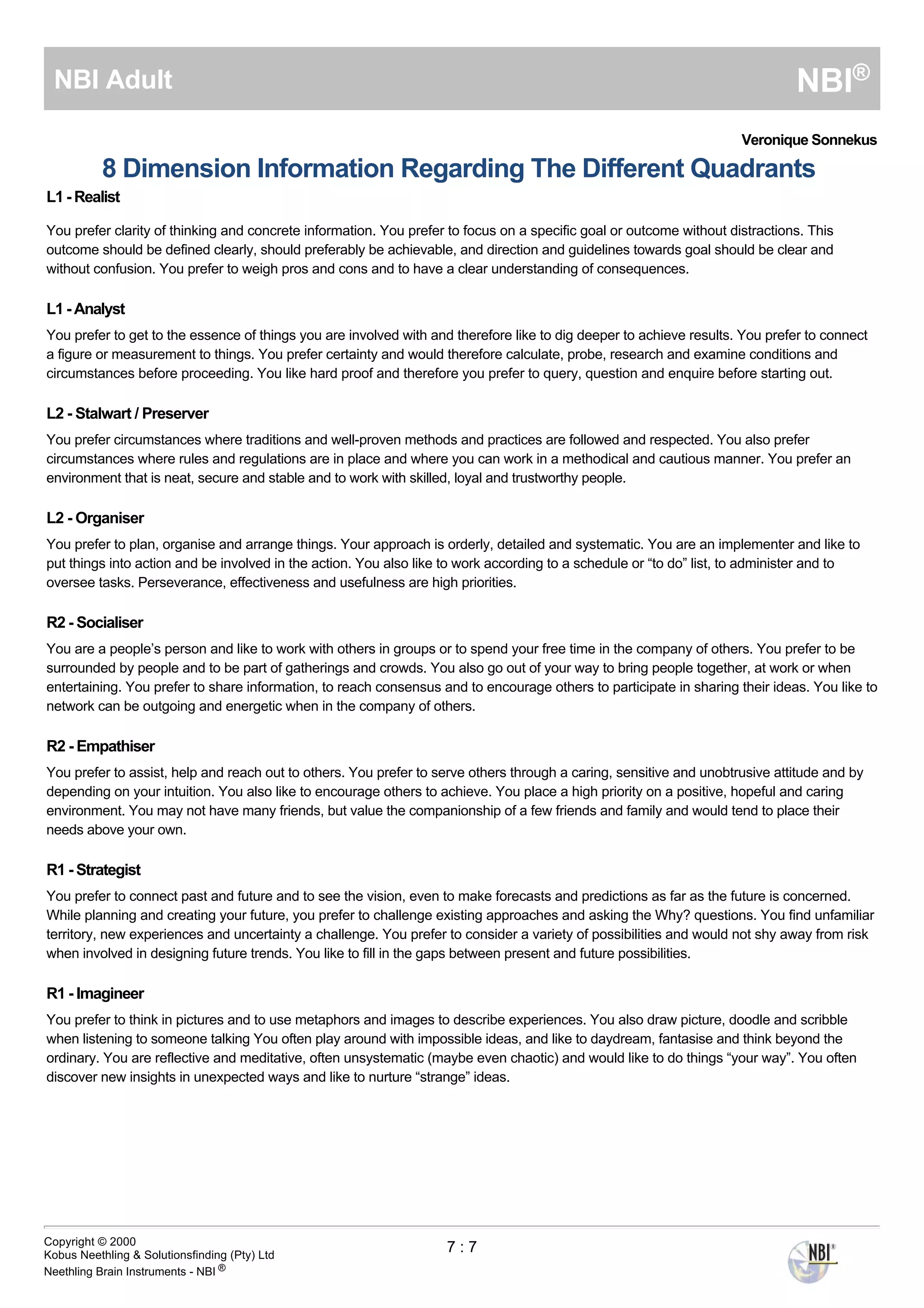 V. Sonnekus - Neethling Breinprofiel | PDF