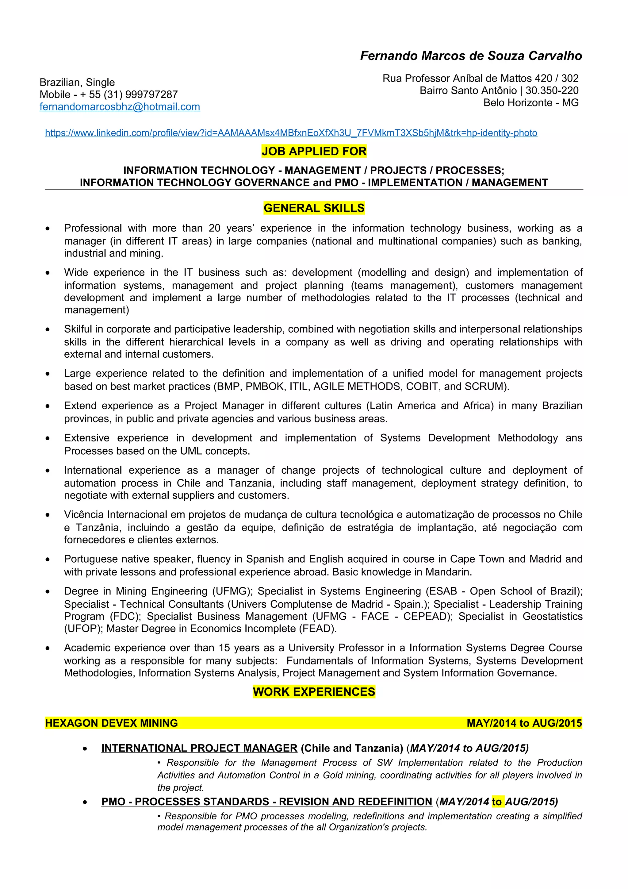 CV - FernandoMarcosSouzaCarvalho - Eng | DOC | South America Travel ...