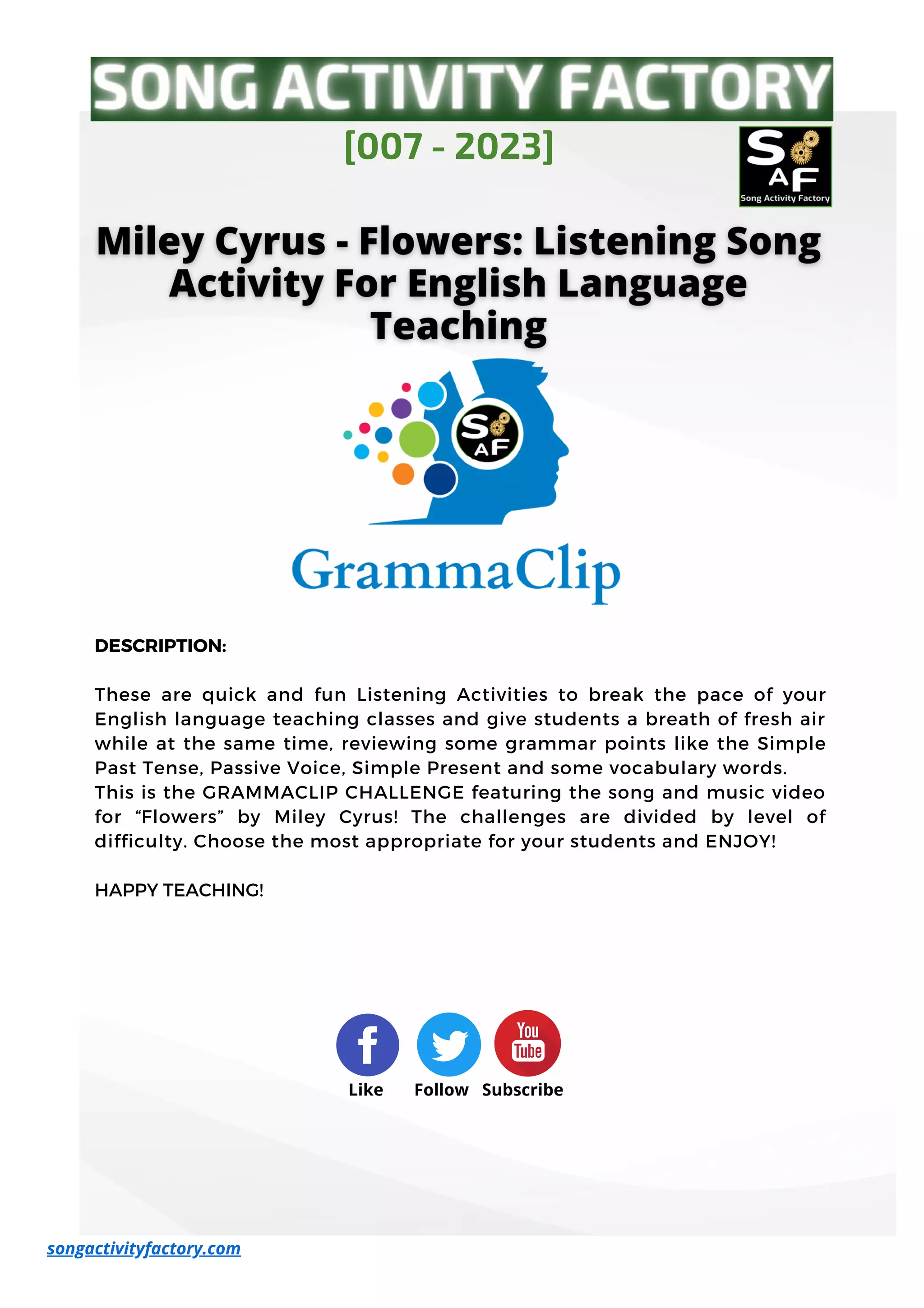 MILEY CYRUS – FLOWERS: LISTENING SONG ACTIVITY FOR ENGLISH LANGUAGE ...
