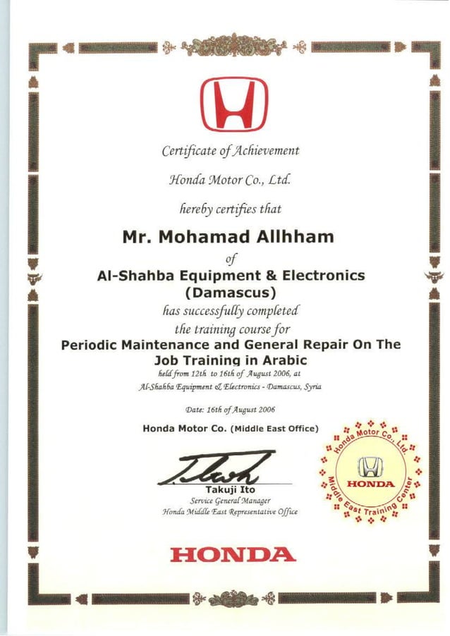 Honda Certificates