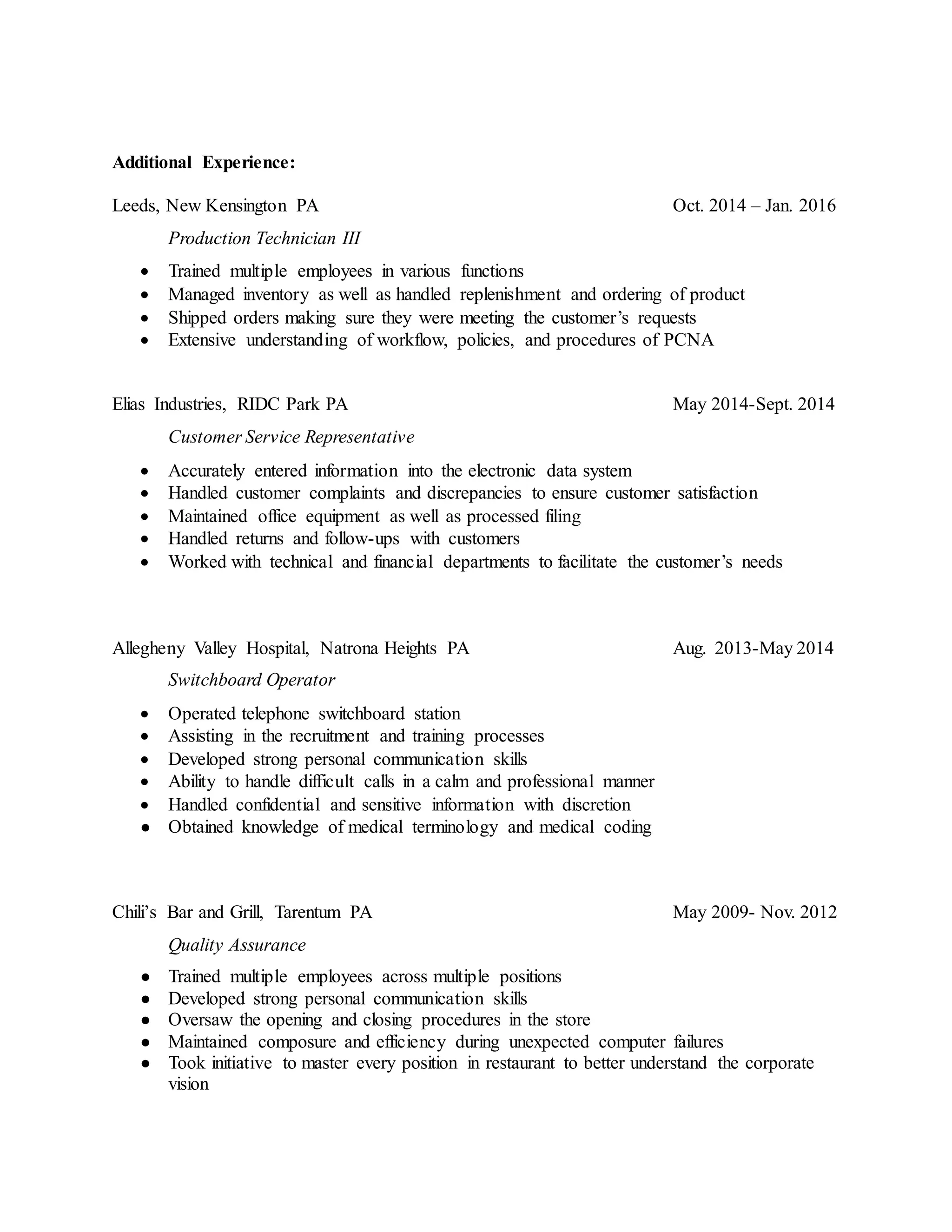 Kimberly Smith Resume aditional experience | DOCX