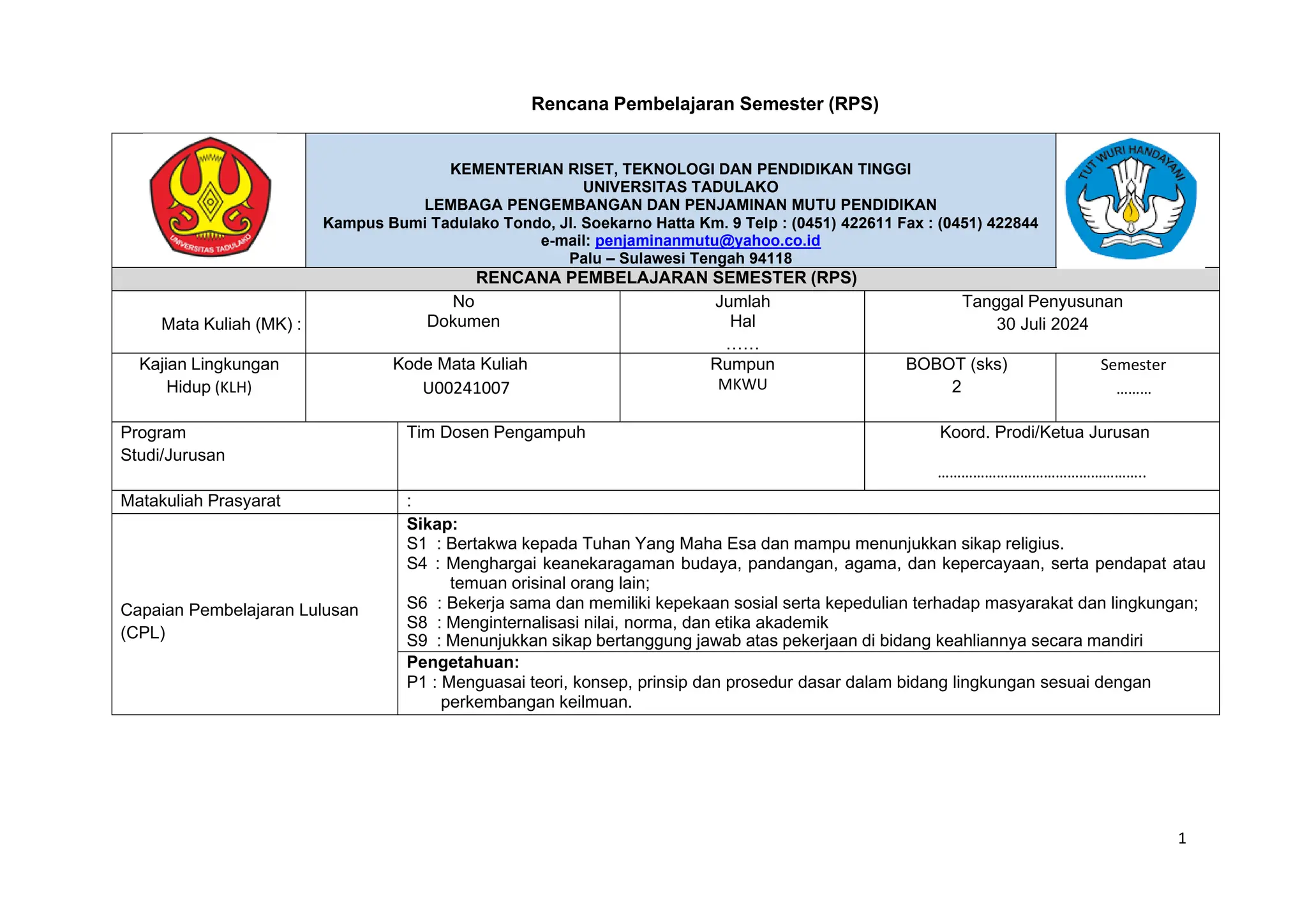 Rencana Pembelajaran Semester MK KLH Untad | PDF