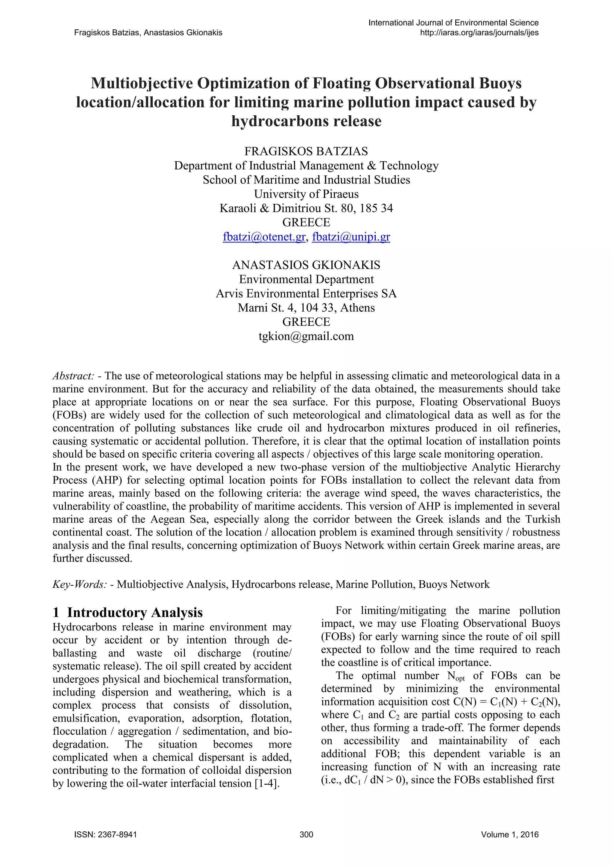 Multiobjective Optimization Of Floating Observational Buoys Location