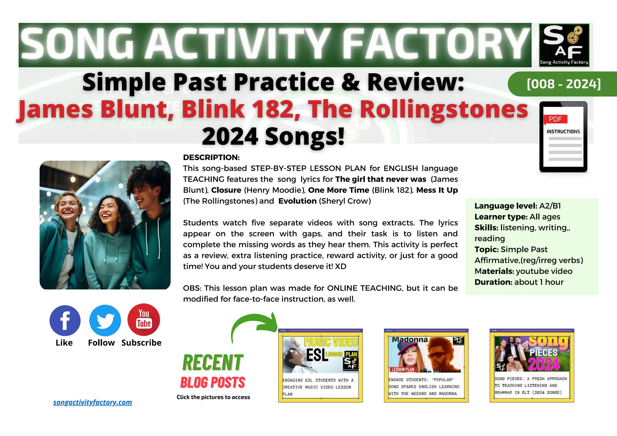 Simple Past Practice & Review: James Blunt, Blink 182, The ...