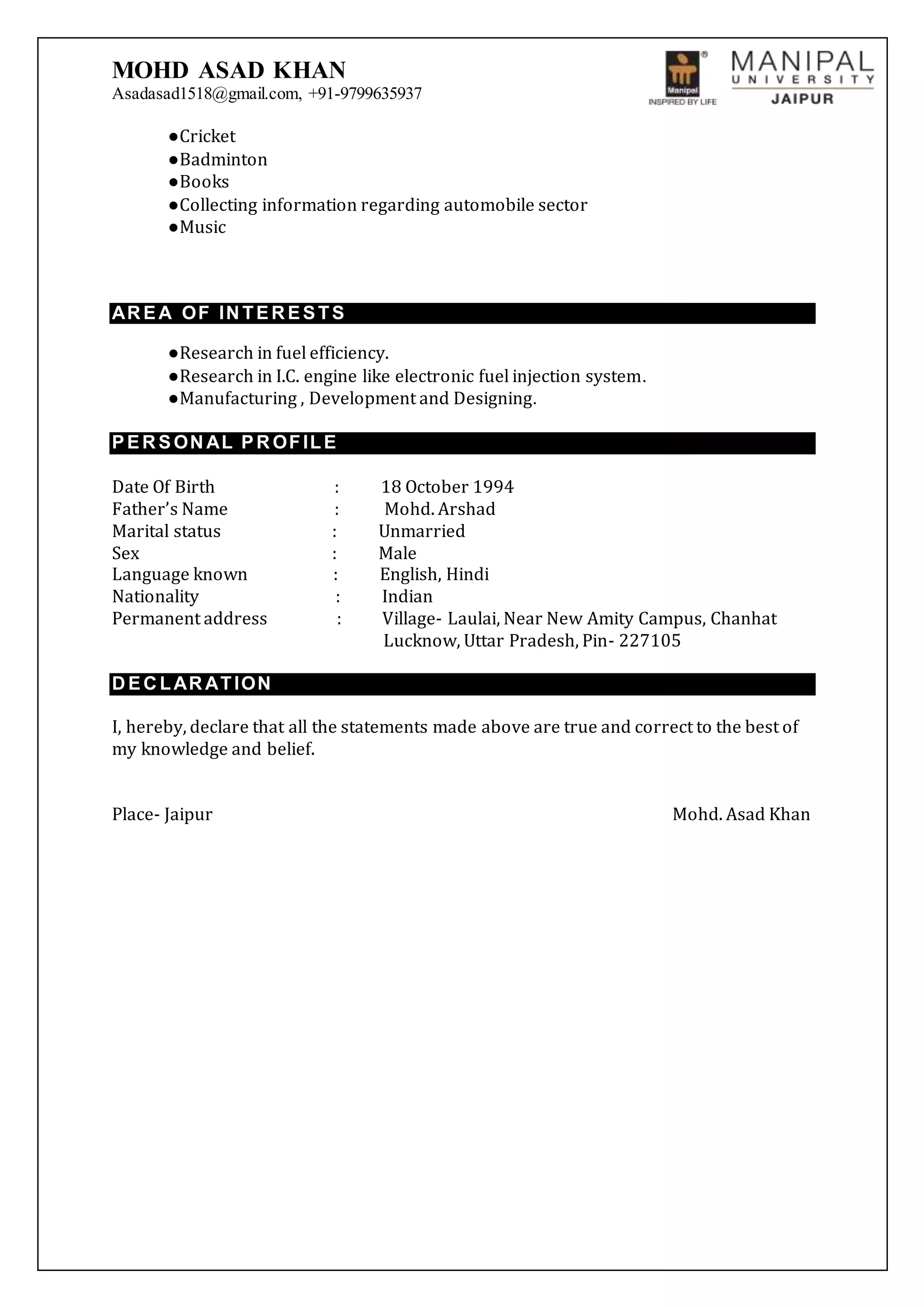 Mohd Asad khan cv | PDF