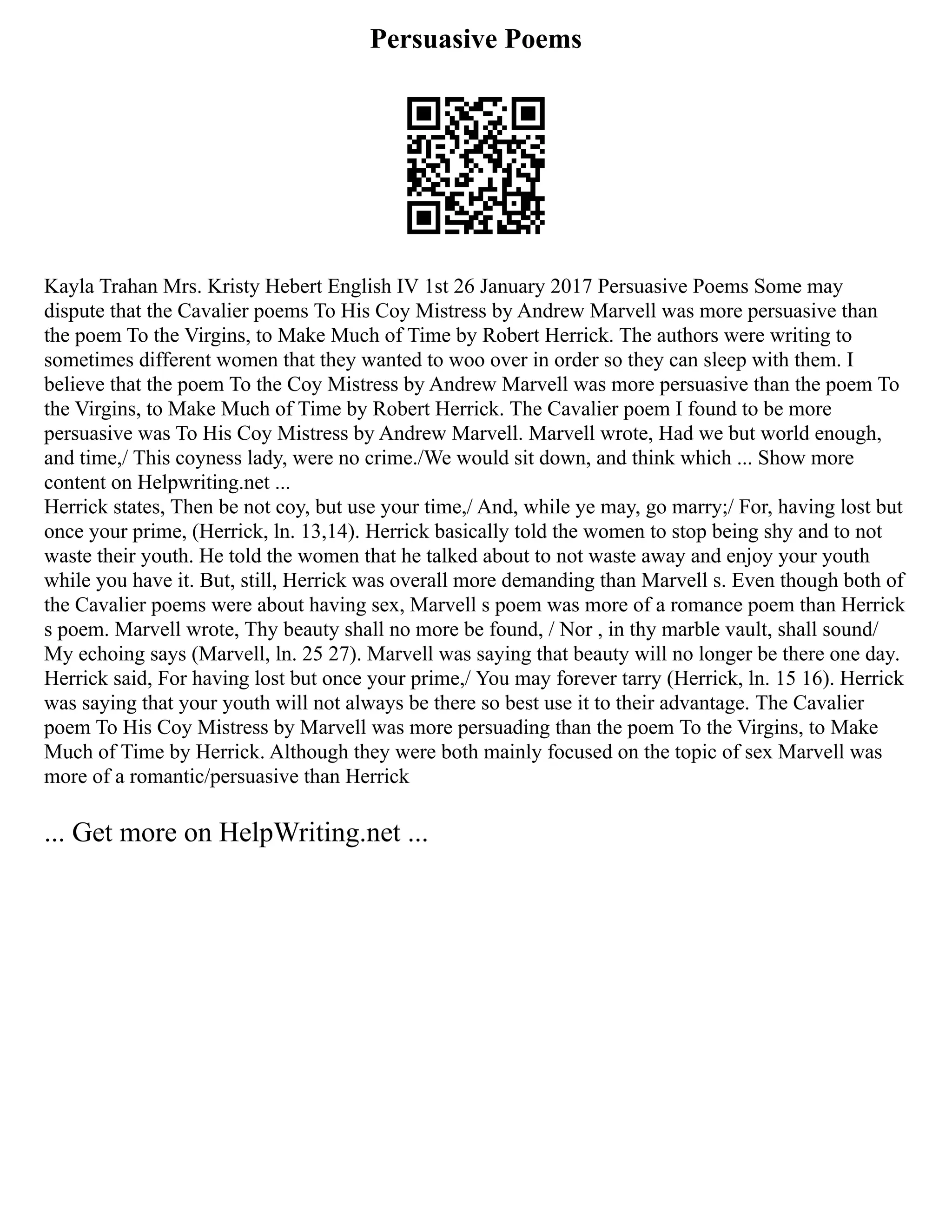 008 Interpretive Essay Example Examples Poem | PDF