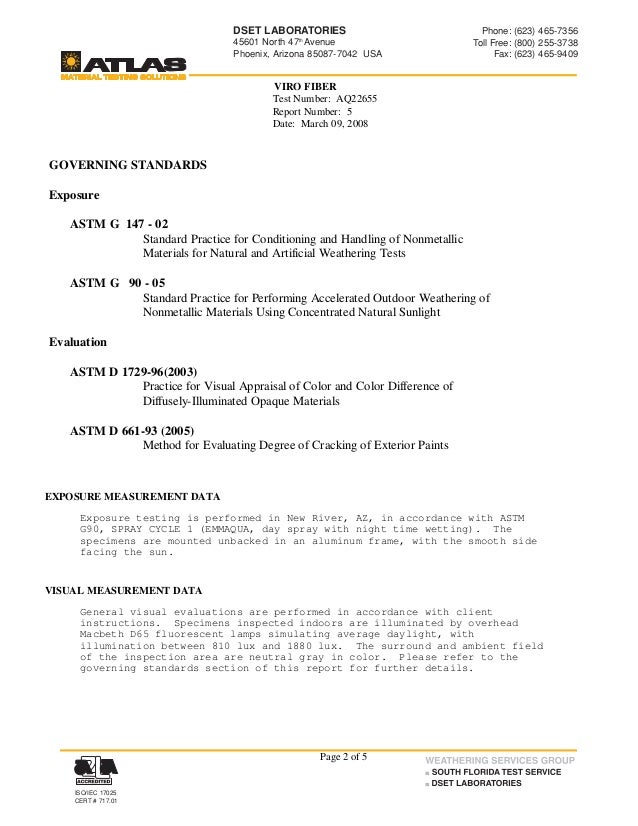 008 certificate - astm g & d series - for weathering