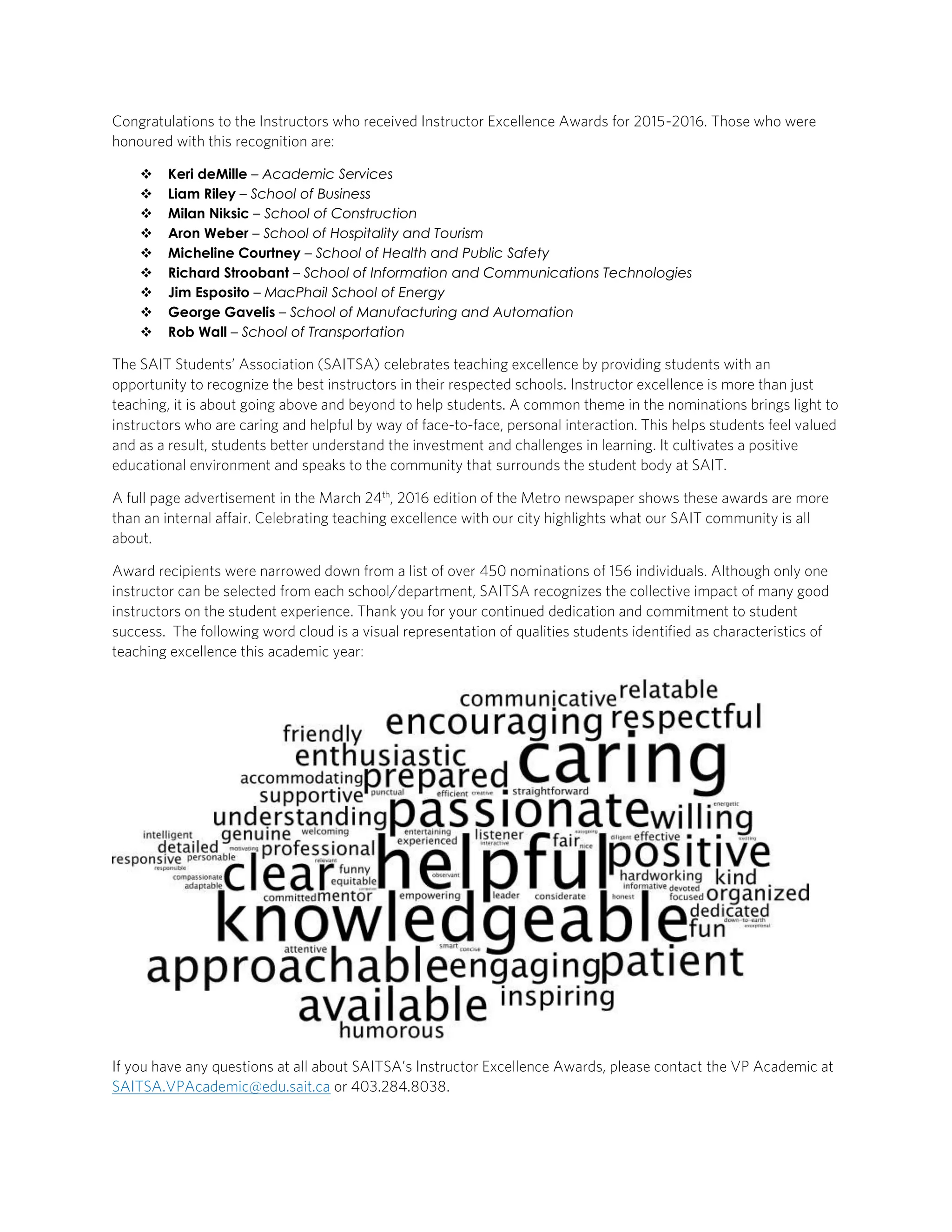 SAITSA Instructor Excellence Awards 2015-16 | PDF