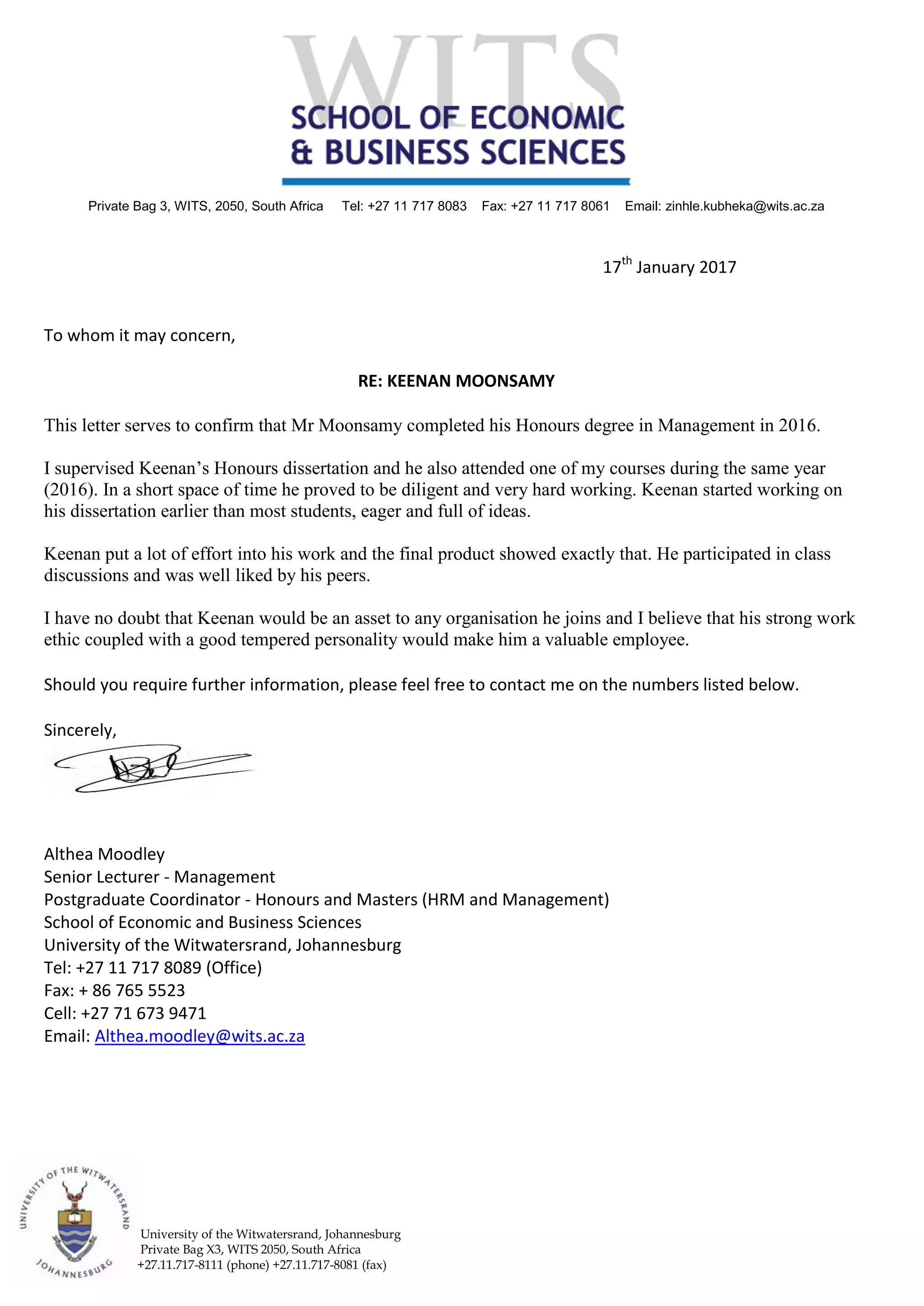 K Moonsamy reference letter-WITS | PDF