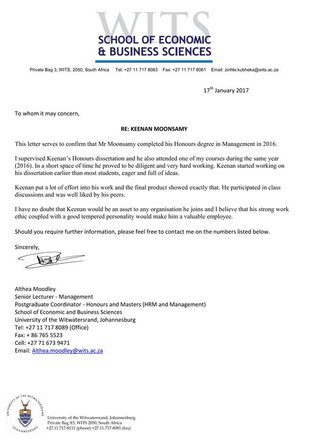 K Moonsamy reference letter-WITS | PDF