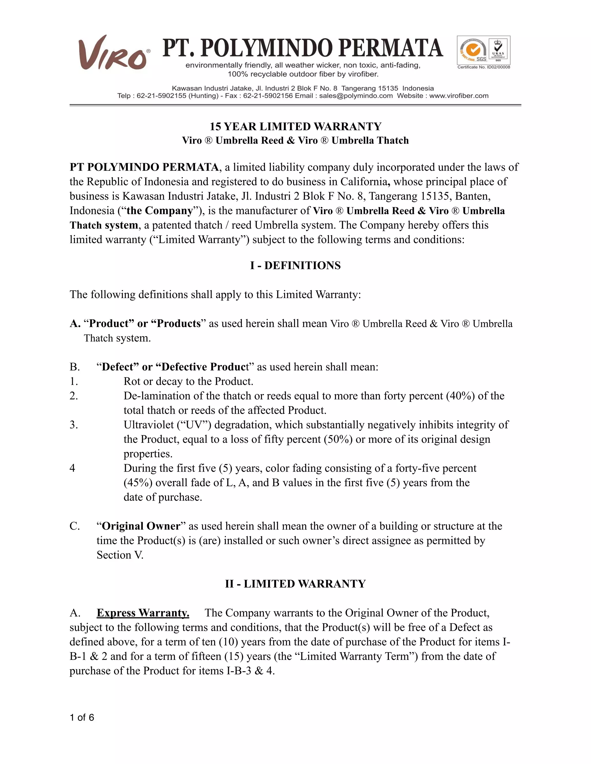 009 warranty letter of viro umbrella | PDF