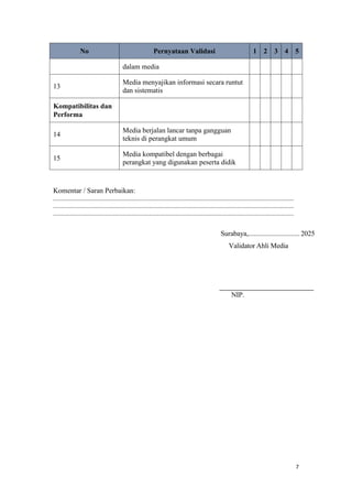 Contoh Lembar Instrumen Validasi (Ahli Materi, Ahli Media & Uji Coba ...