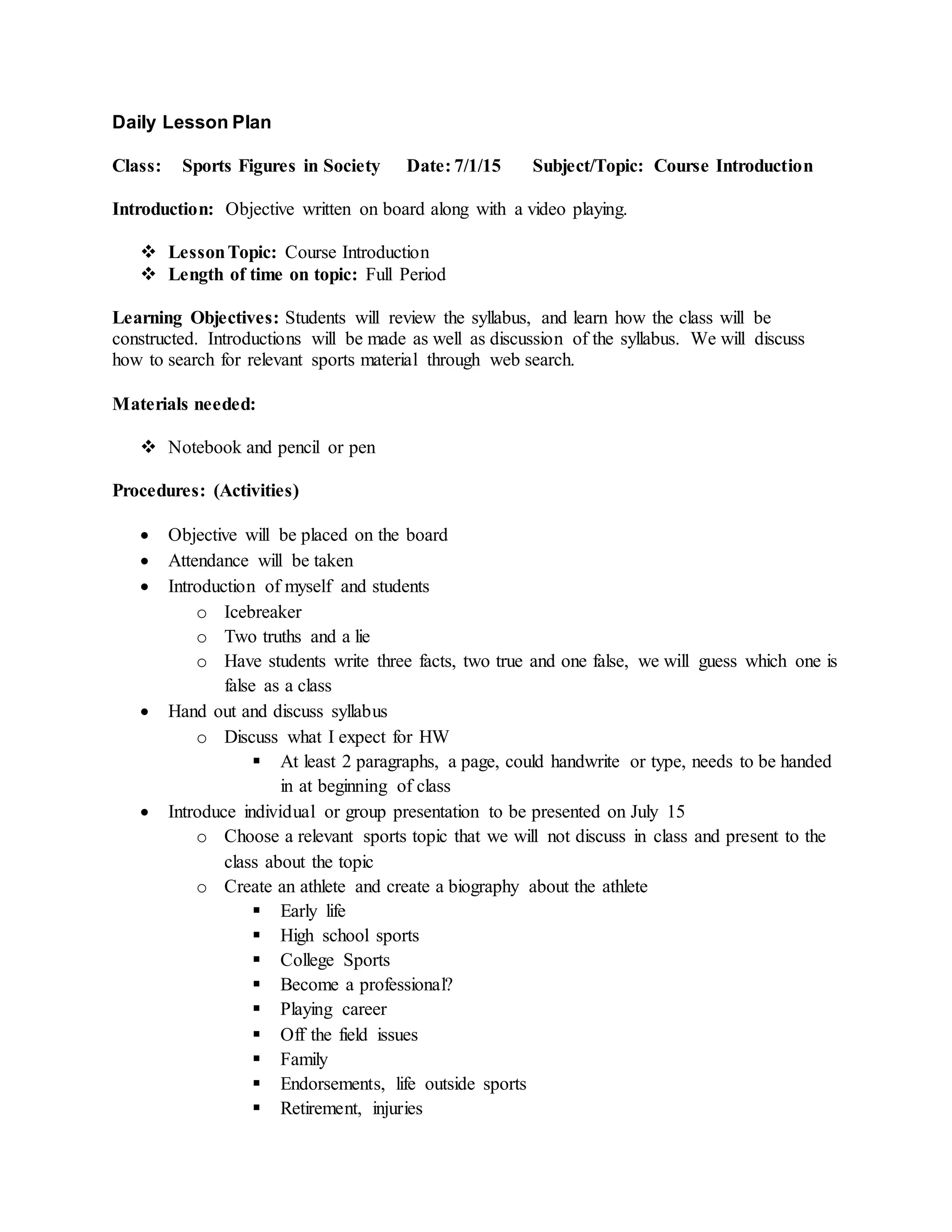 Aaron Sauer Lesson Plans | DOCX | Baseball | Sports