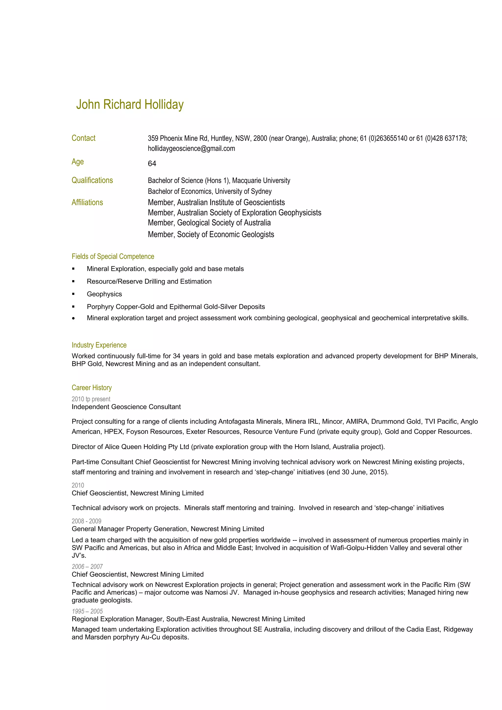 John Holliday summary CV June 15 | PDF