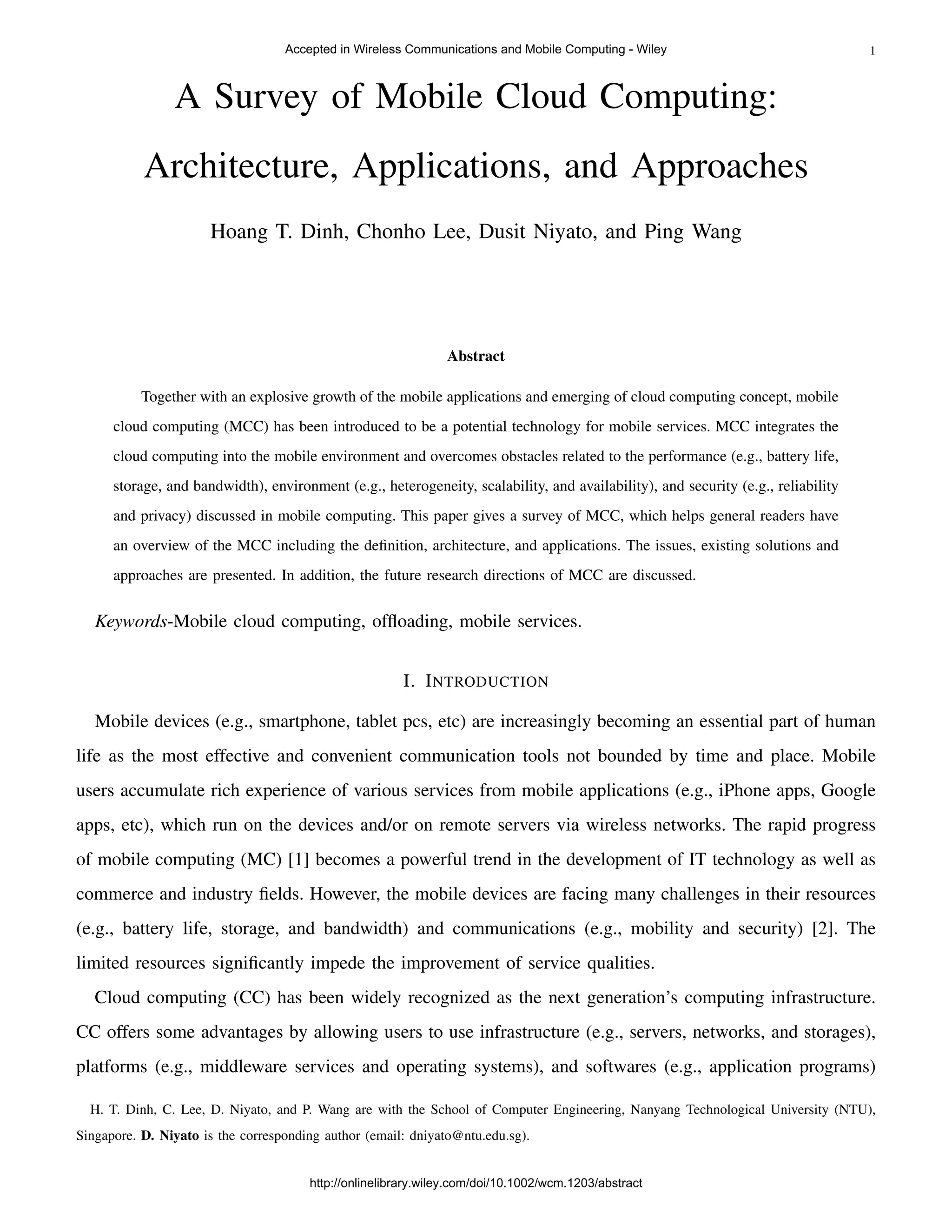 A Survey Of Mobile Cloud Computing Architecture Applications And Approaches Pdf