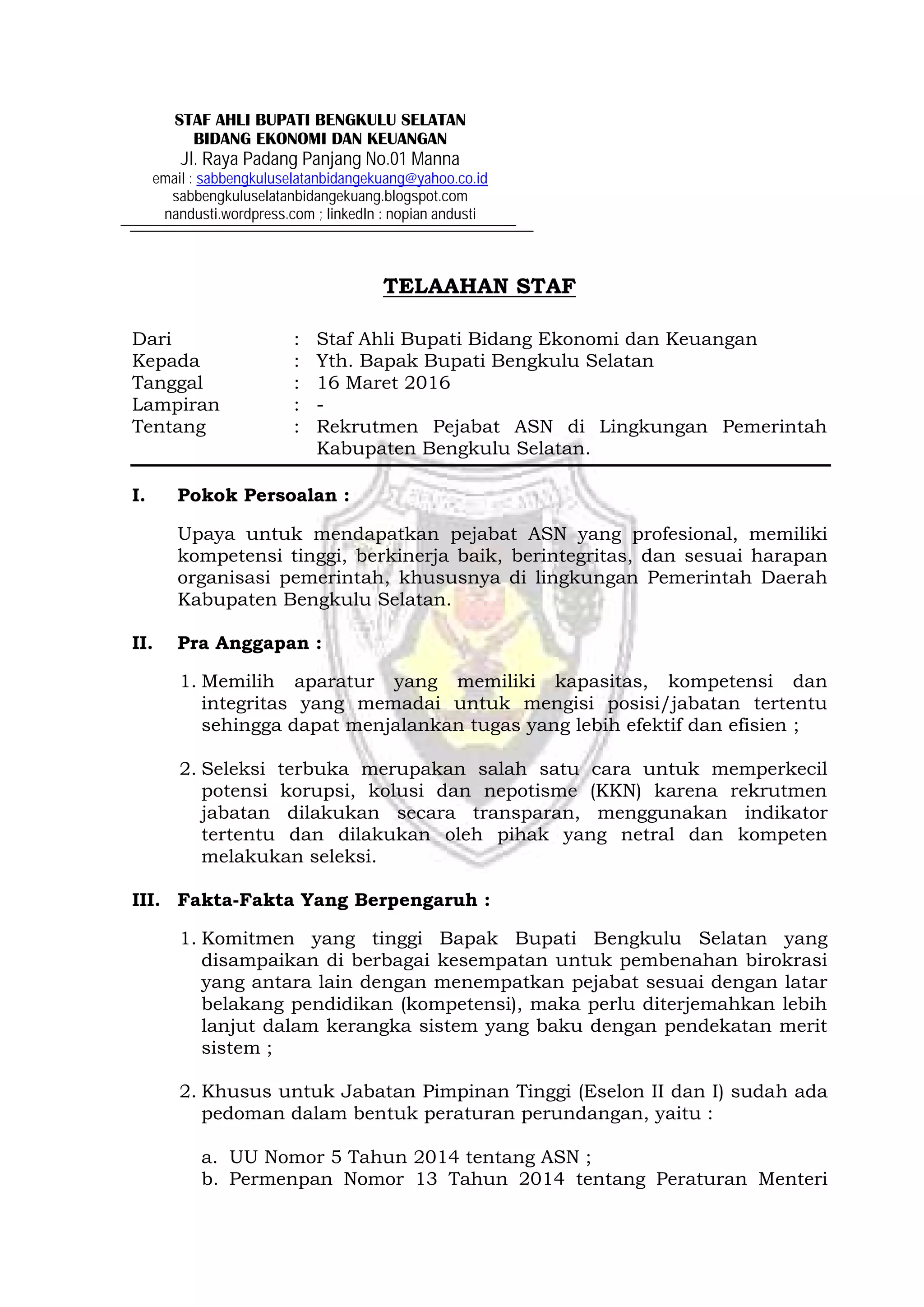 TELAAHAN STAF UNTUK SELEKSI TERBUKA PENGISIAN JABATAN ASN | PDF