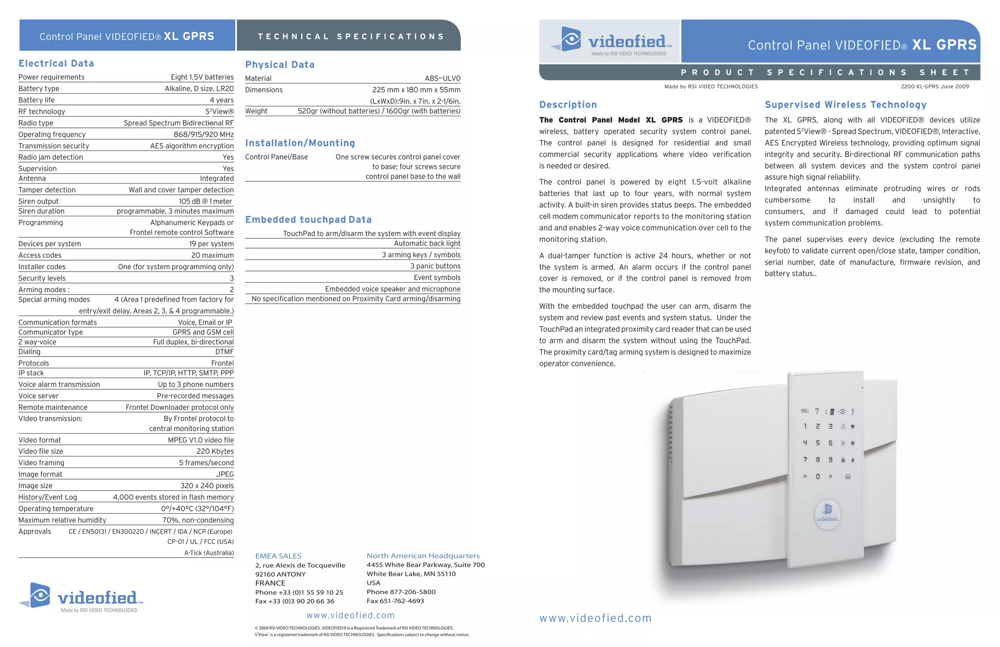 00 control panel videofied xl gprs specification sheet | PDF