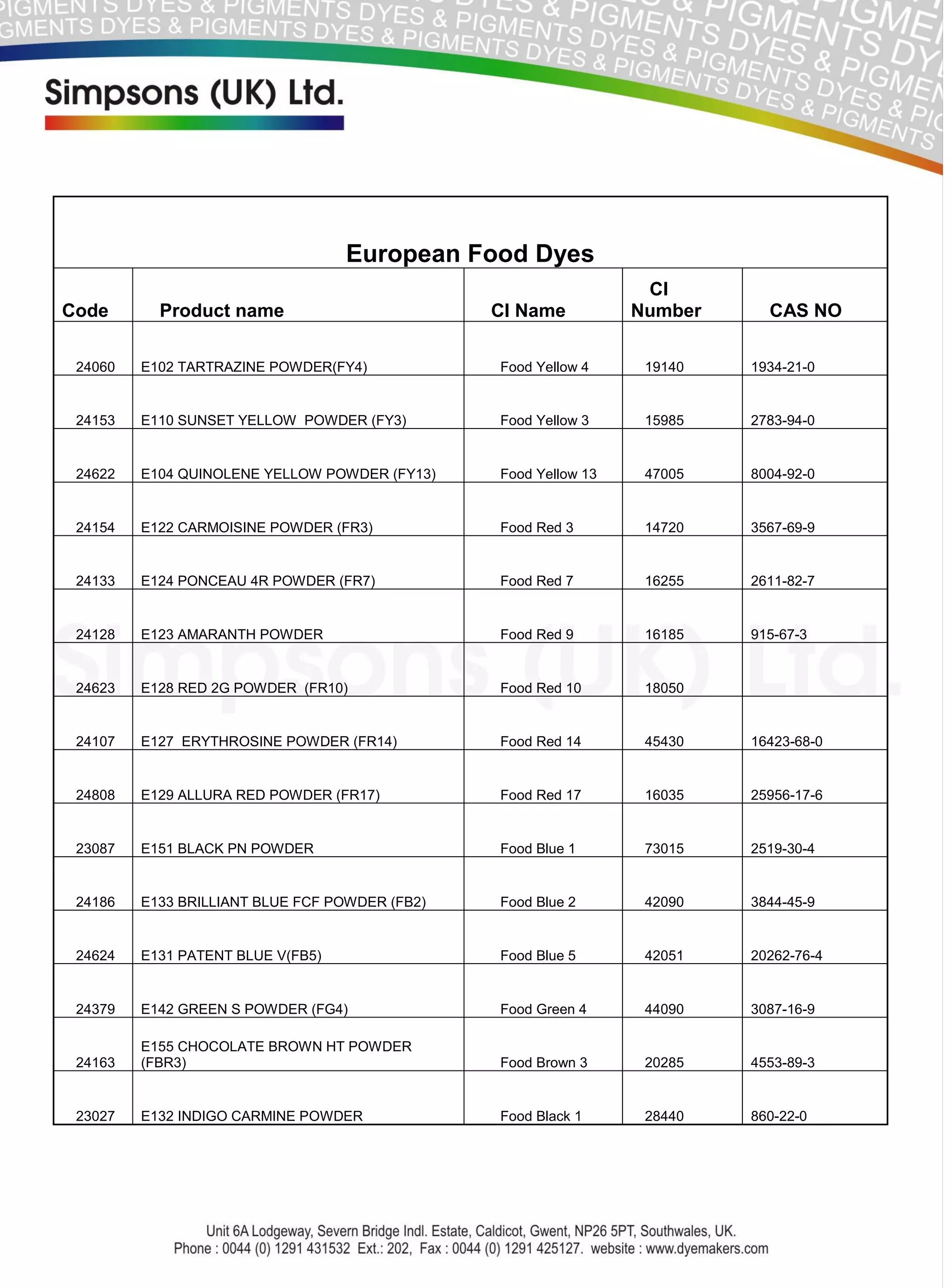 Simpsons Product List Dye and Pigments | PDF