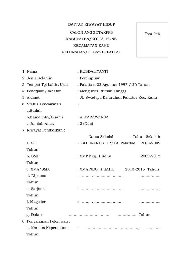 DAFTAR RIWAYAT HIDUP PENDAFTARAN KPPS DESA | PDF